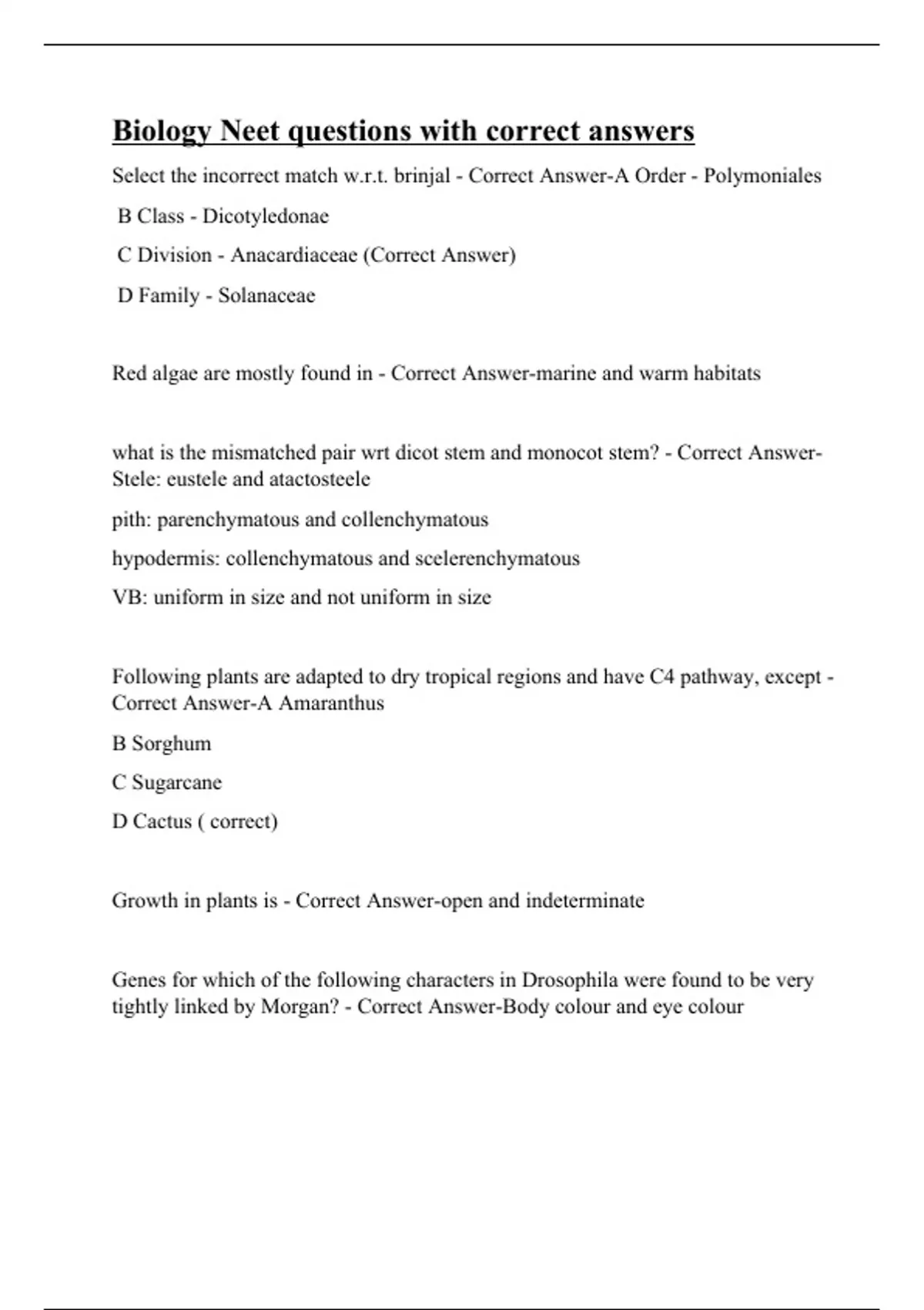 Biology Neet questions with correct answers - Neet - Stuvia US