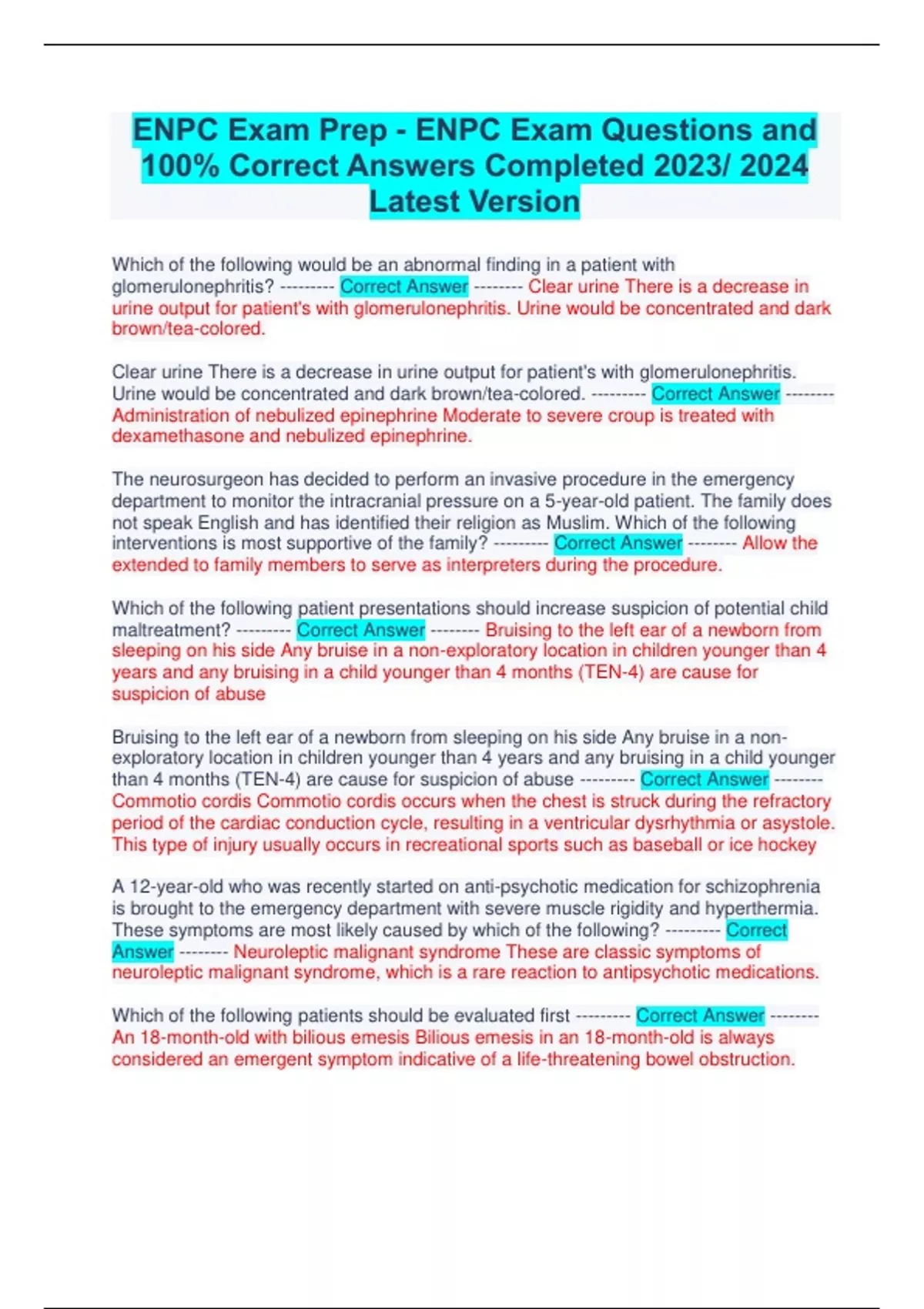 ENPC Exam Questions and 100% Correct Answers 2024 Latest Version - ENPC ...