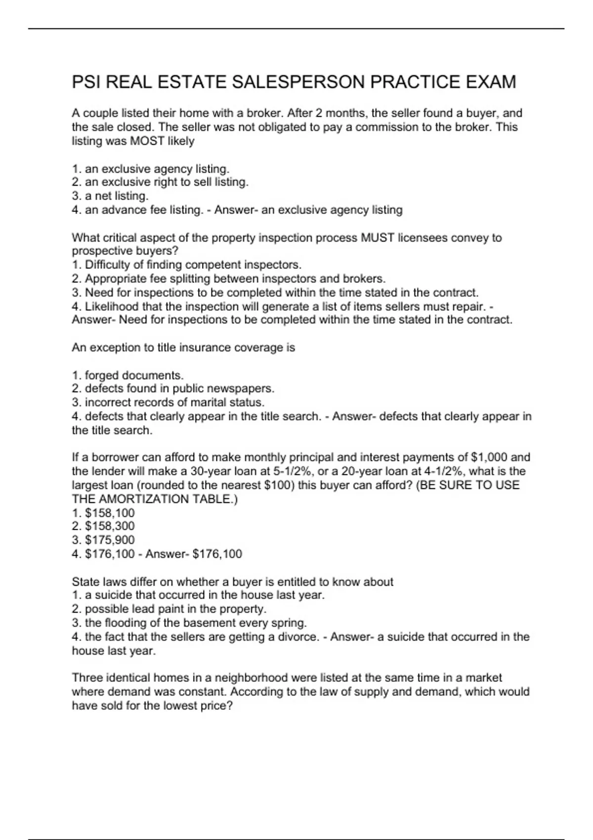 PSI REAL ESTATE SALESPERSON PRACTICE EXAM - PSI REAL ESTATE - Stuvia US