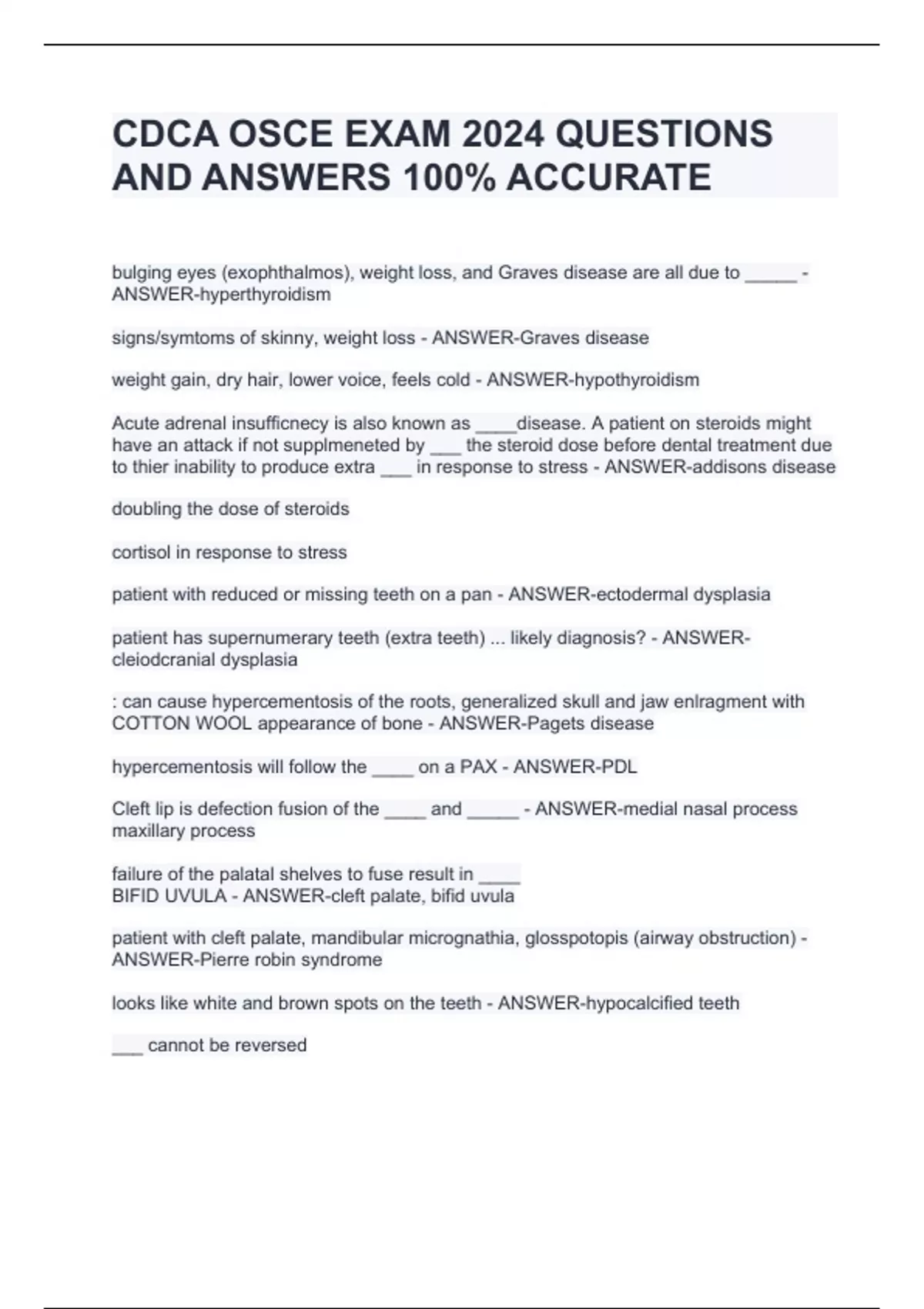 CDCA OSCE EXAM 2024 QUESTIONS AND ANSWERS 100% ACCURATE - CDCA OSCE ...