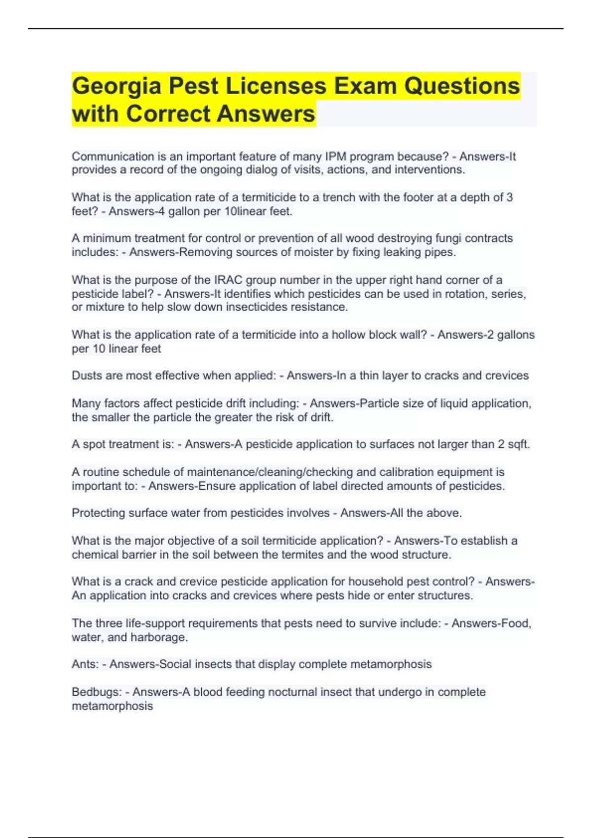 Georgia Pest Licenses Exam Questions with Correct Answers - Georgia ...