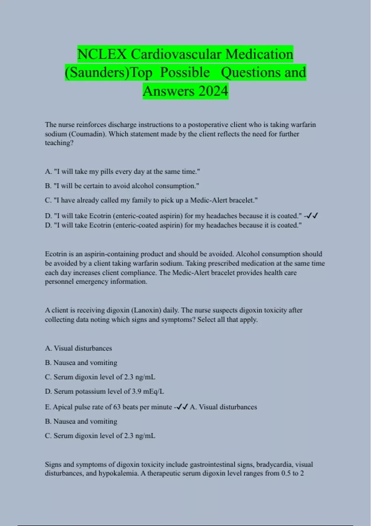 NCLEX Cardiovascular Medication (Saunders)Top Possible Questions and ...