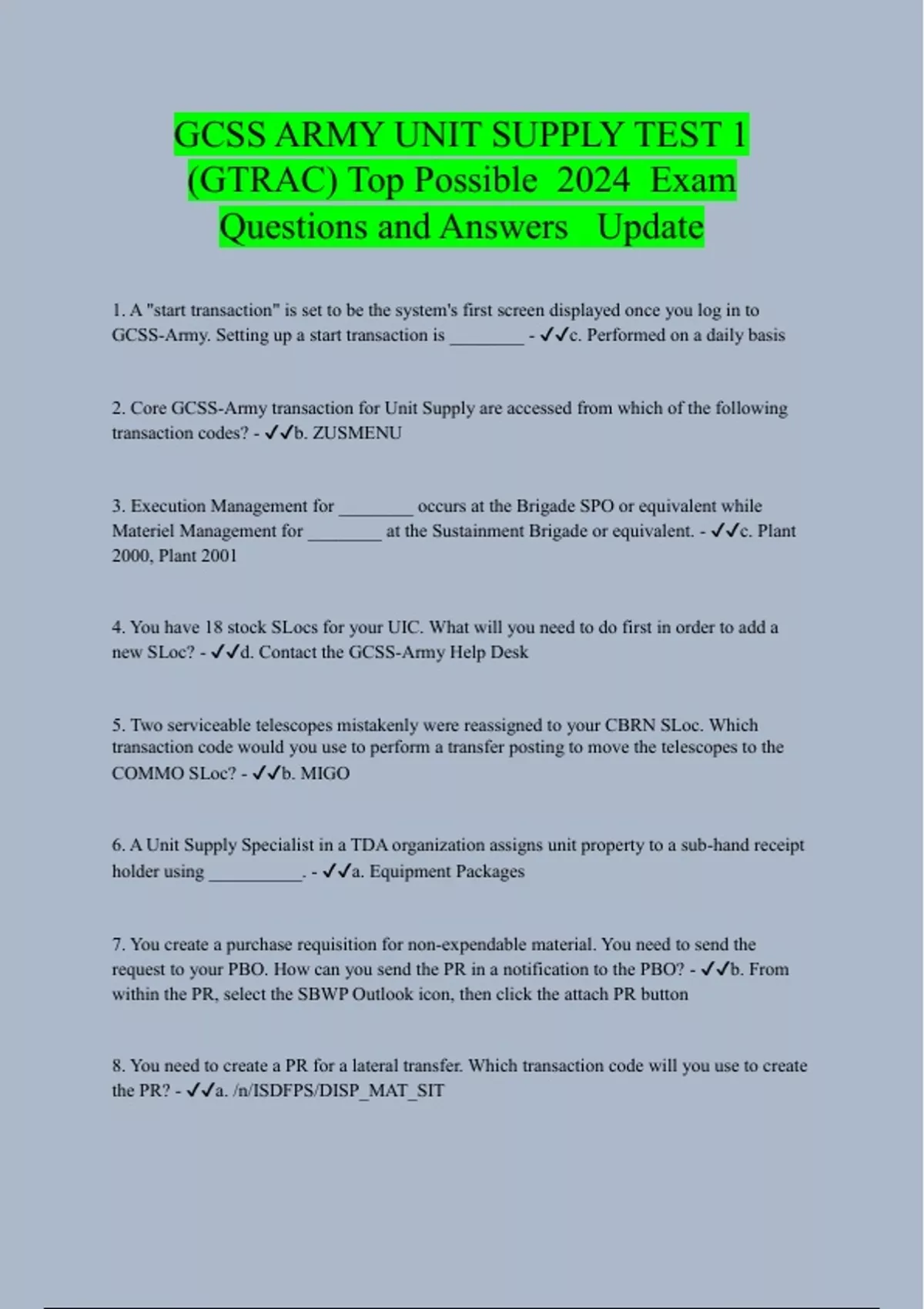 Gcss Army Unit Supply Test 1 Gtrac Top Possible 2024 Exam Questions And Answers Update Gcss