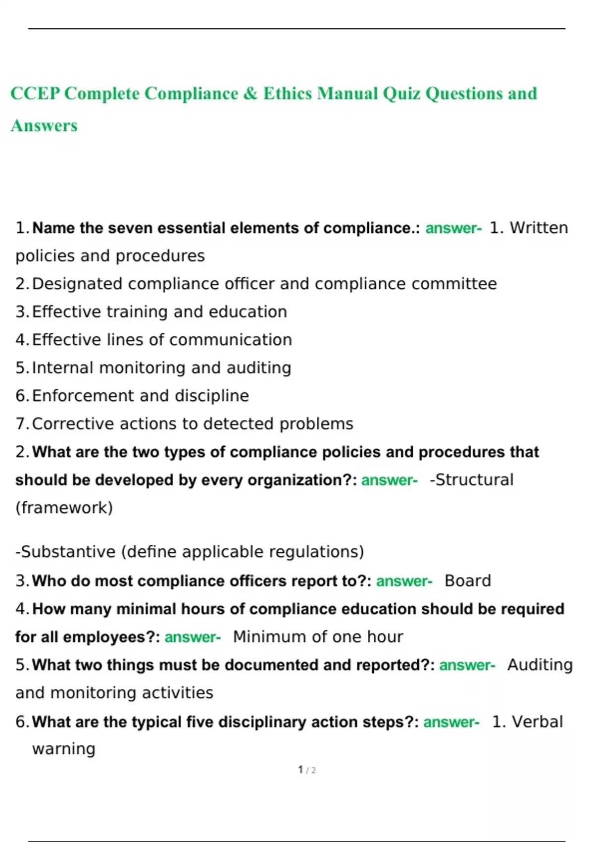 CCEP Complete Compliance & Ethics Manual Quiz Questions and Answers 100% Correct - CCEP - Stuvia US