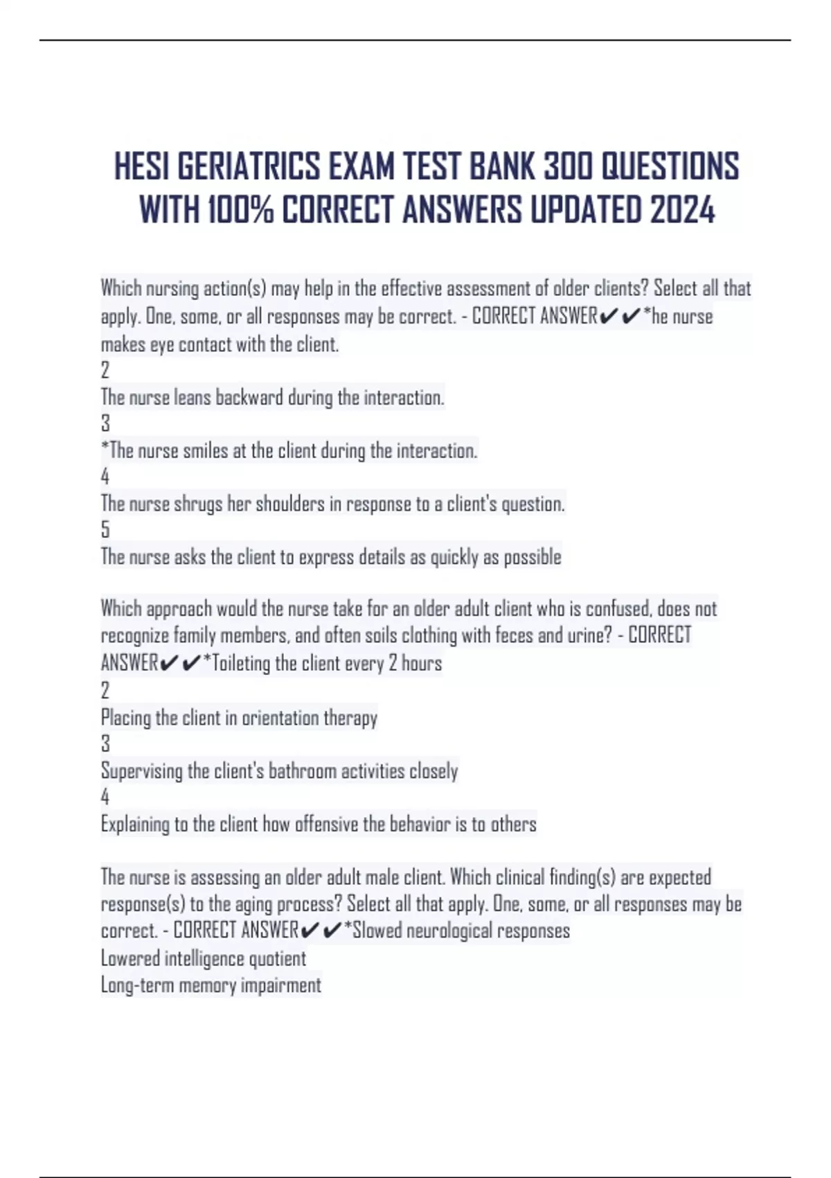 HESI GERIATRICS EXAM TEST BANK 300 QUESTIONS WITH 100% CORRECT ANSWERS ...