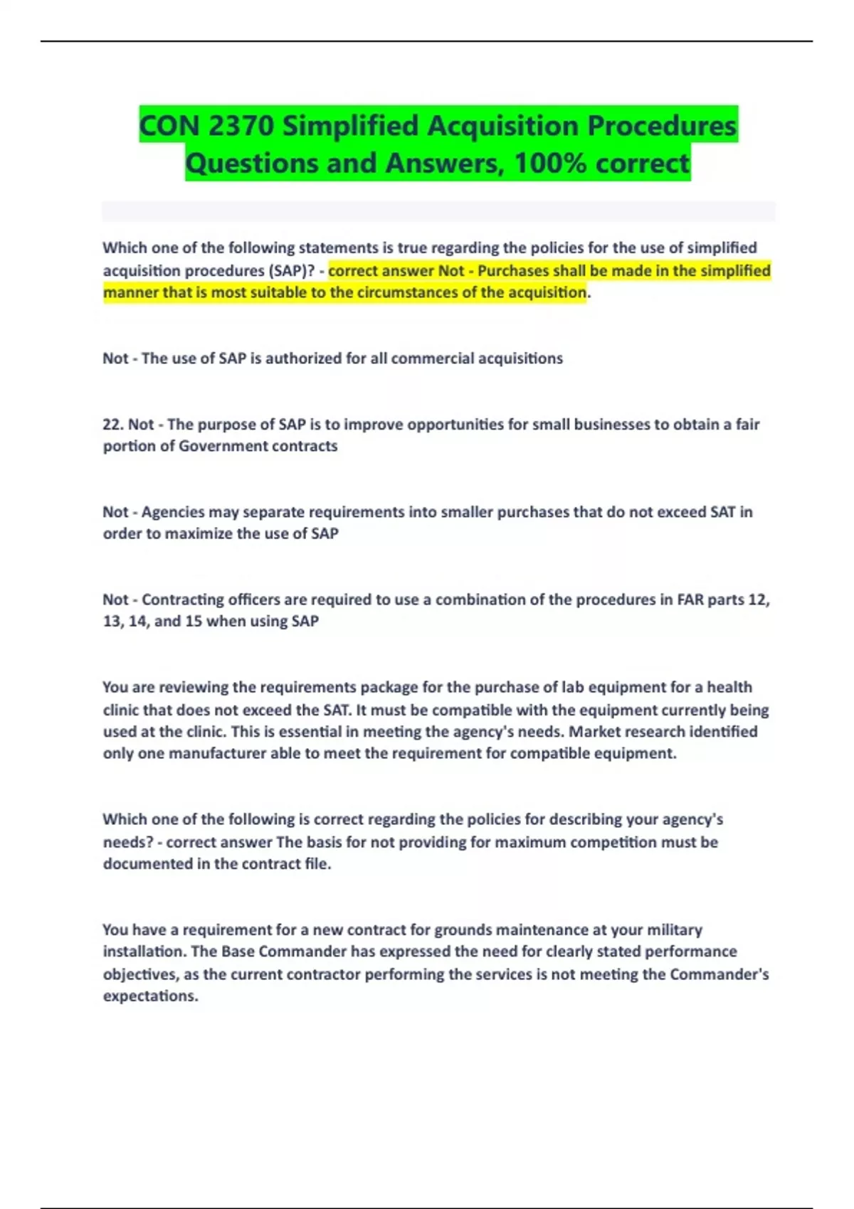 CON 2370 Simplified Acquisition Procedures Questions and Answers, 100% ...