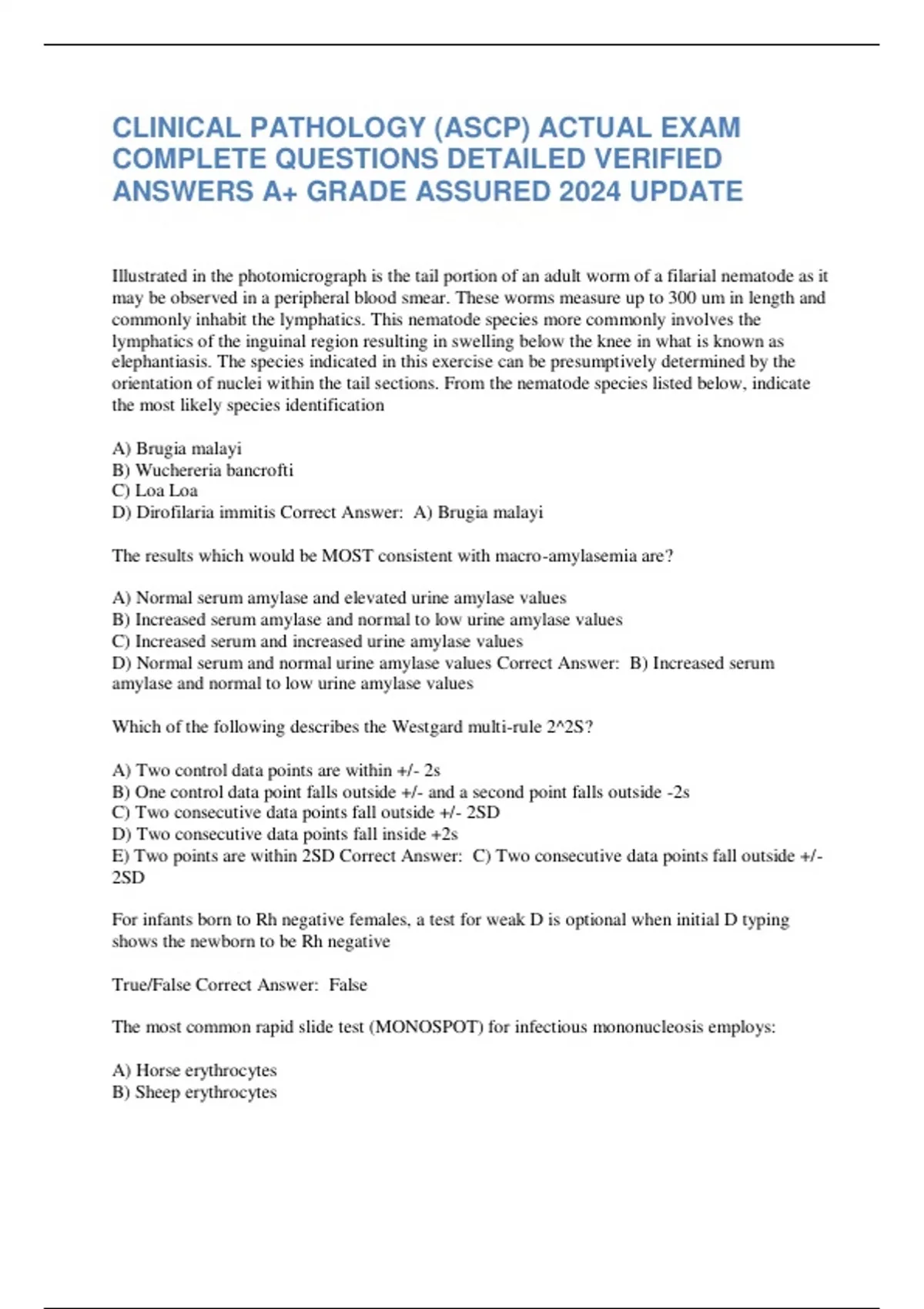 CLINICAL PATHOLOGY (ASCP) ACTUAL EXAM COMPLETE QUESTIONS DETAILED ...