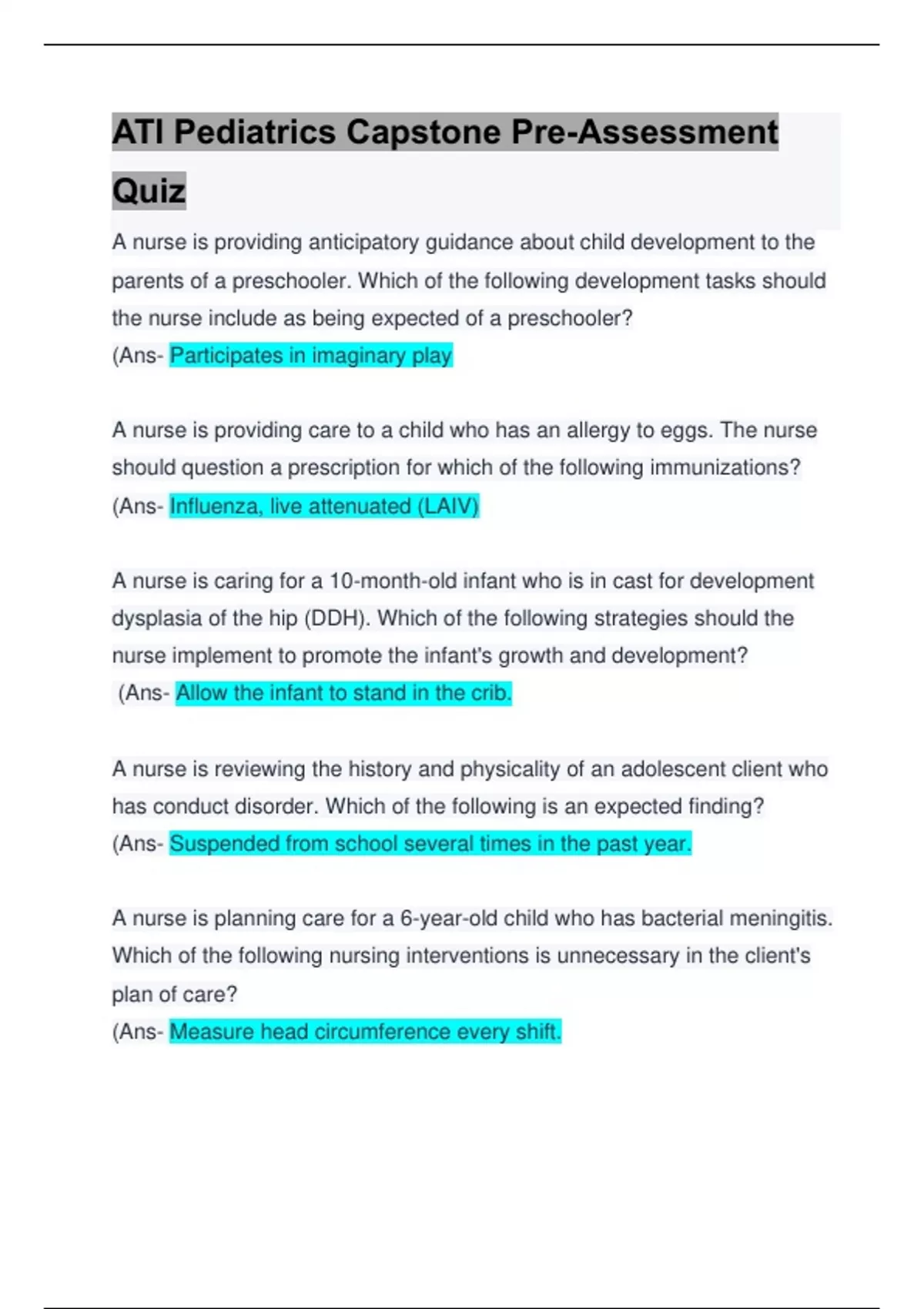 ATI Pediatrics Capstone Pre-Assessment Quiz: Questions & Answers ...