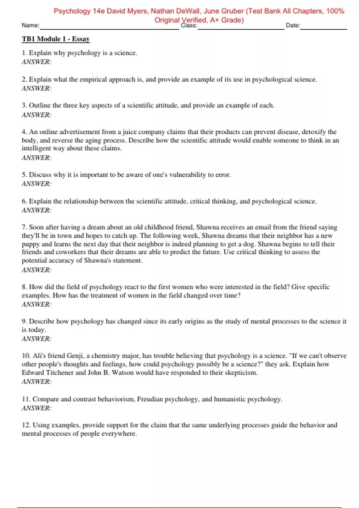 Test Bank For Psychology 14th Edition By David Myers, Nathan DeWall ...