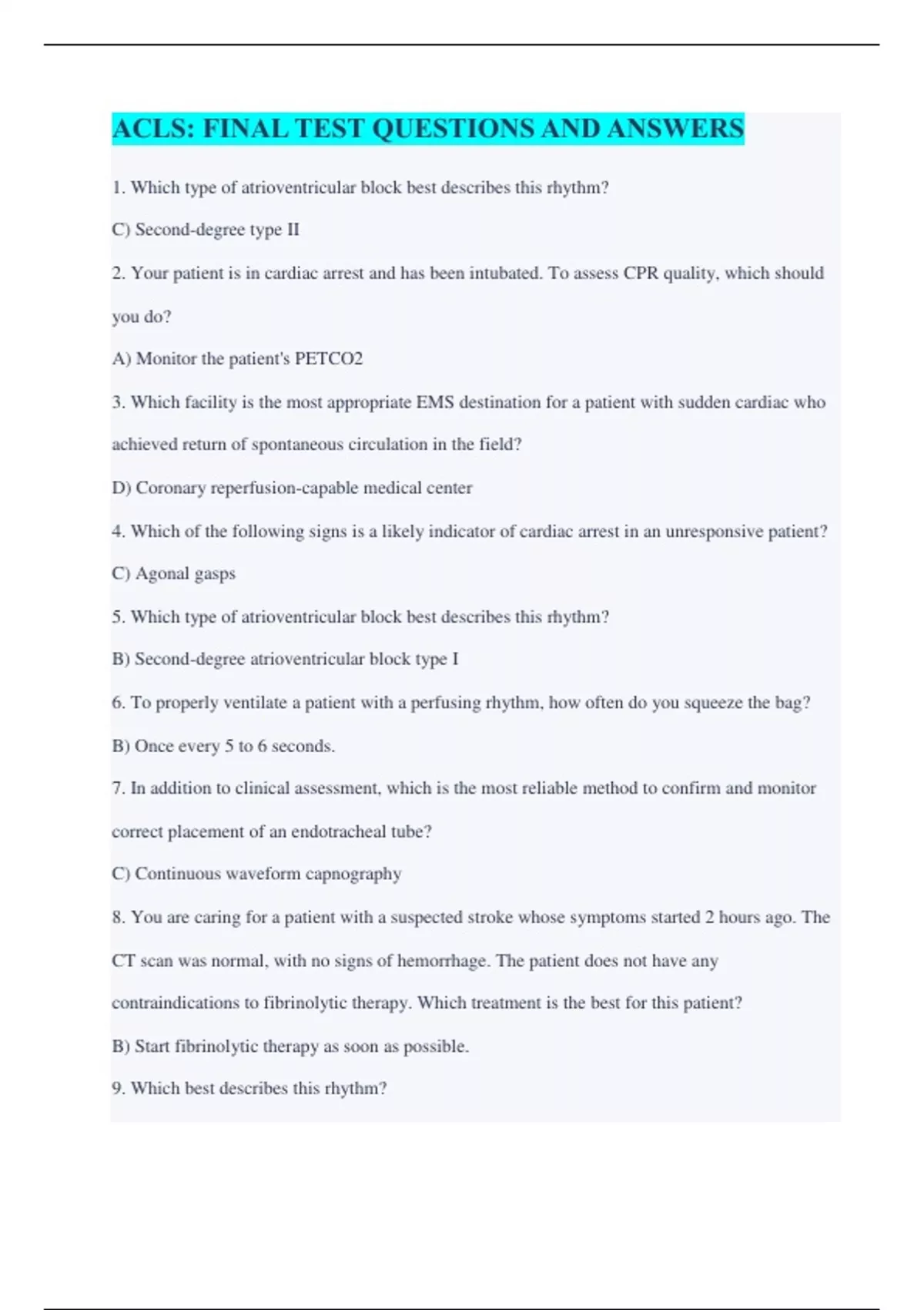 ACLS: FINAL TEST QUESTIONS AND ANSWERS - ACLS: - Stuvia US