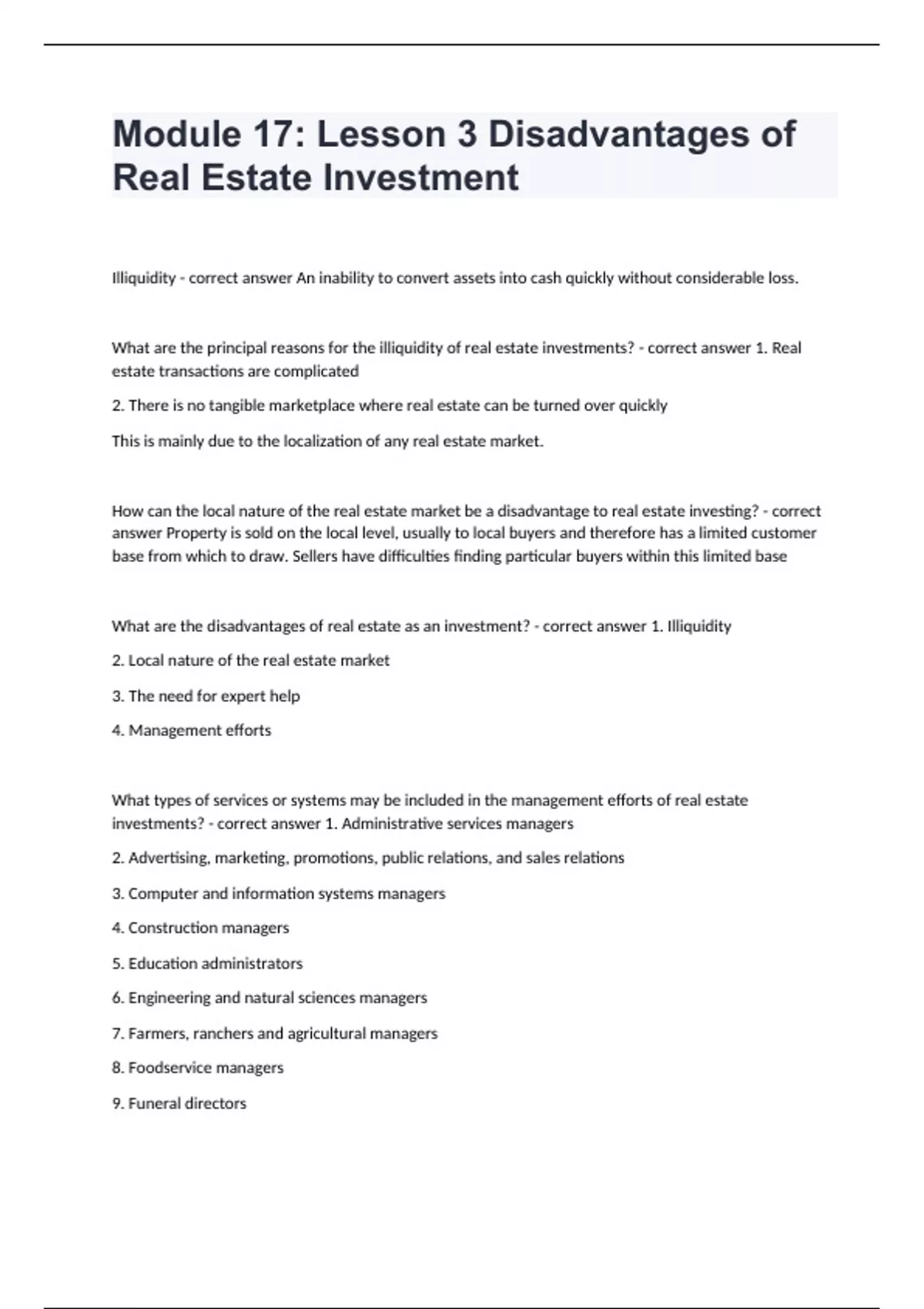Module 17: Lesson 3 Disadvantages of Real Estate Investment 2024 passed ...
