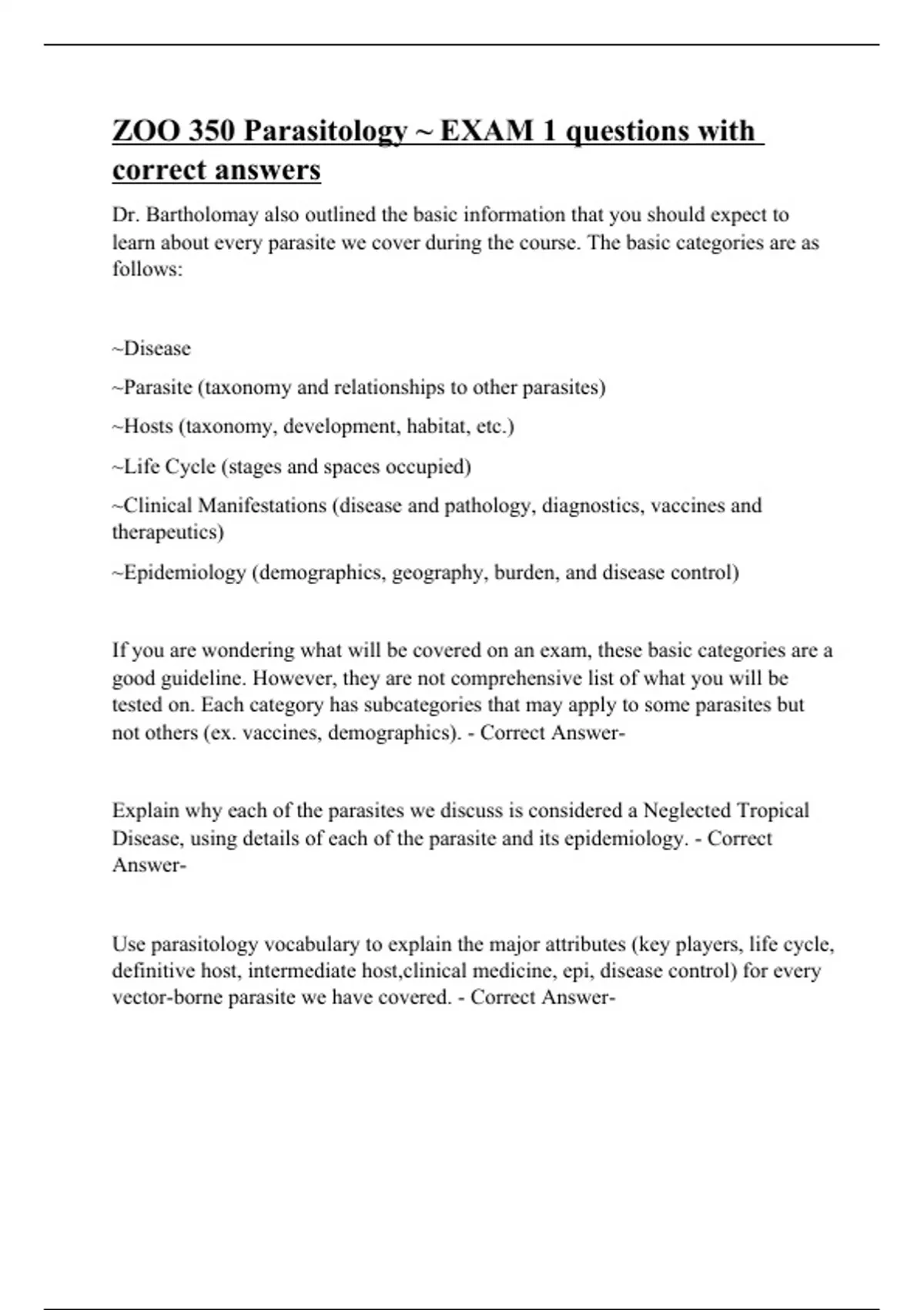 ZOO 350 Parasitology ~ EXAM 1 questions with correct answers - ZOO 350 ...