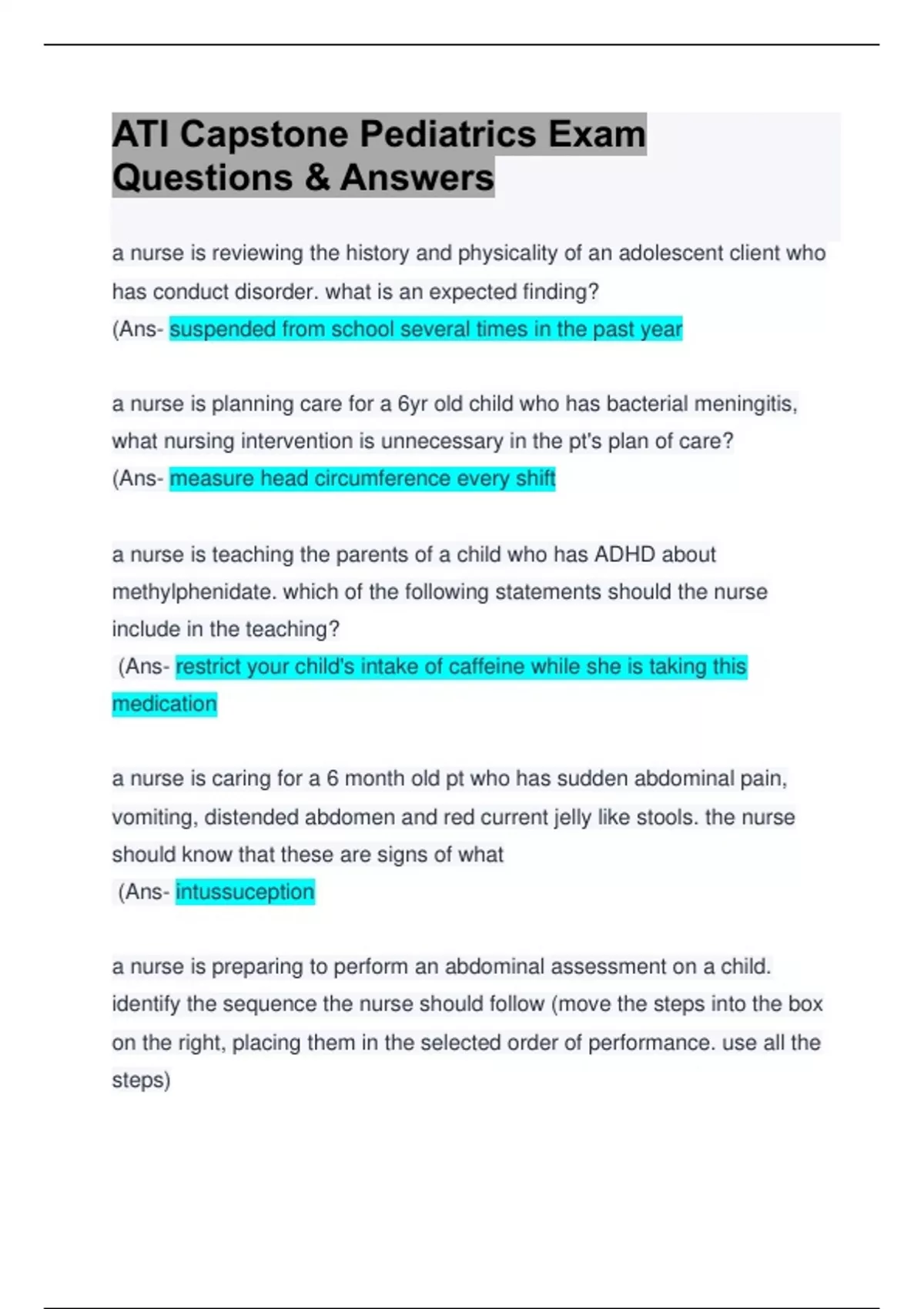 ATI Capstone Pediatrics Exam: 100% Verified Questions & Answers: Latest ...