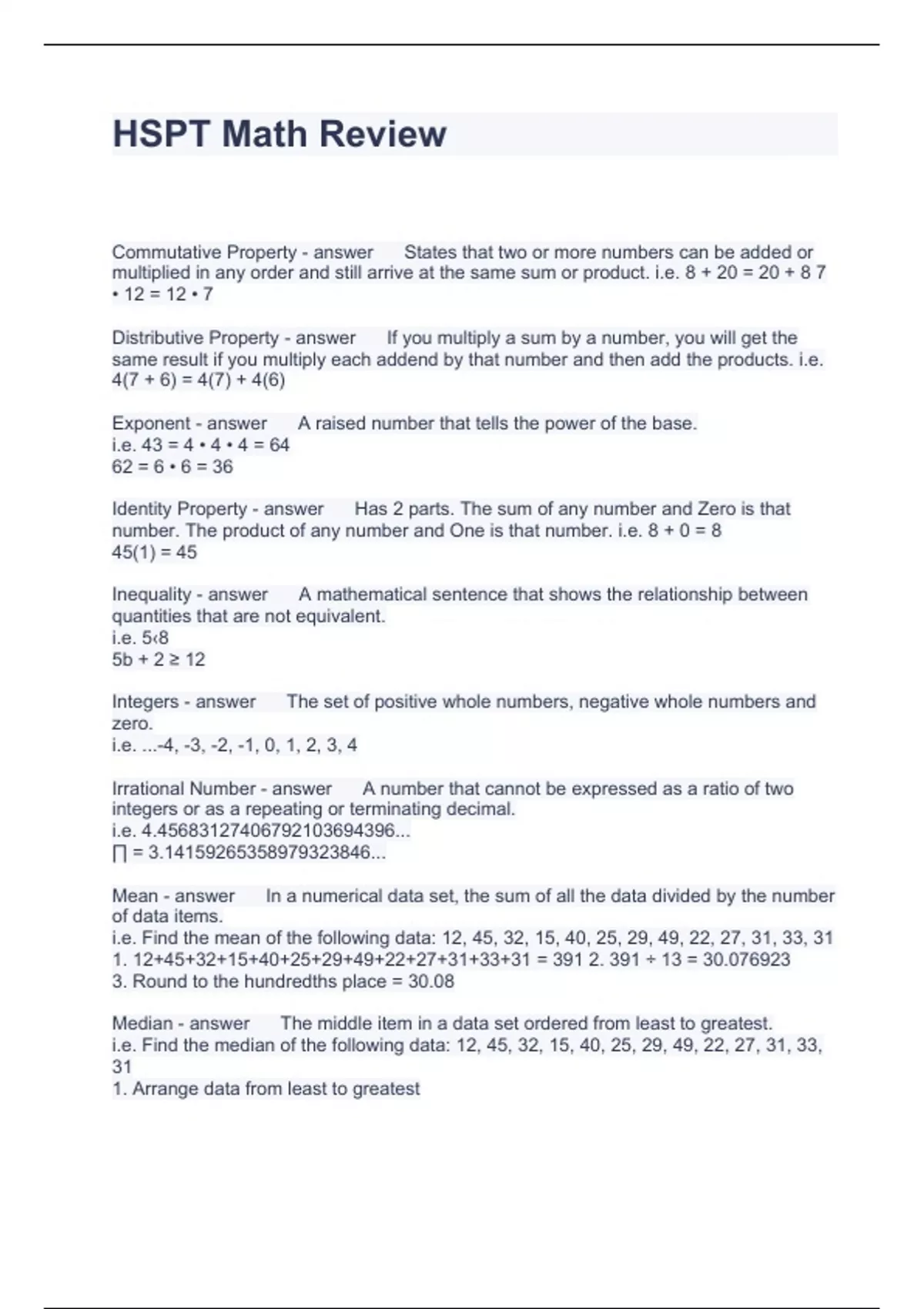 HSPT Math Review Questions and Answers 2024 - HSPT - Stuvia US