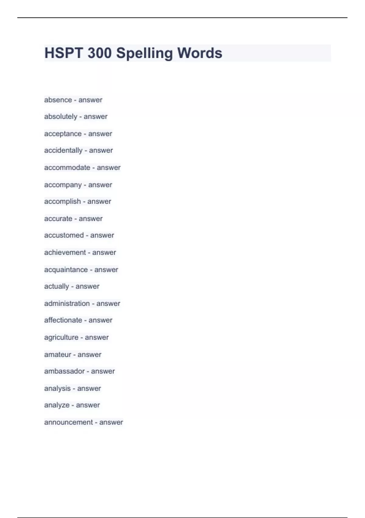 HSPT 300 Spelling Words Questions with correct Answers - HSPT - Stuvia US
