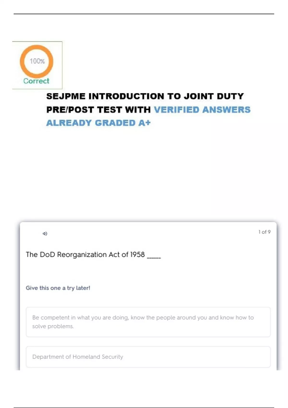 SEJPME INTRODUCTION TO JOINT DUTY PREPOST QUESTIONS WITH CORRECT ...