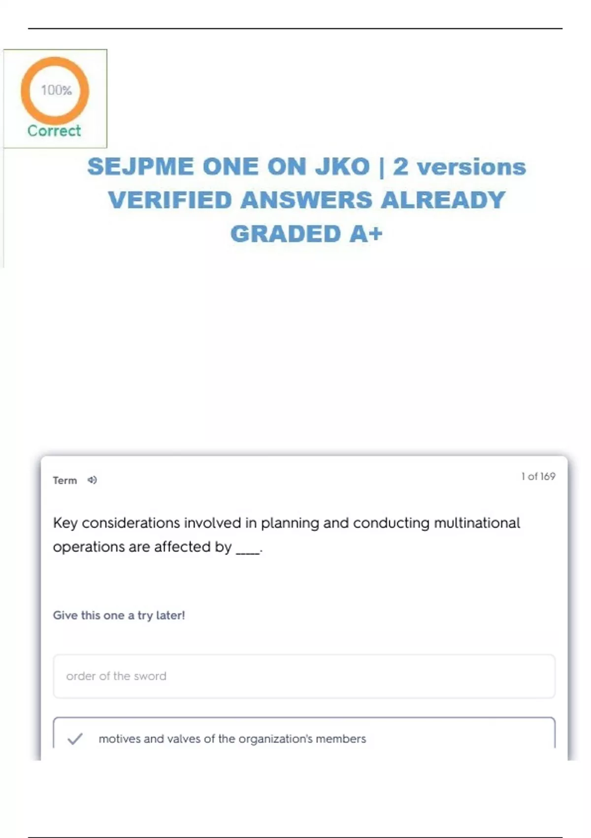SEJPME ONE ON JKO QUESTIONS WITH CORRECT ANSWERS LATEST UPDATE - Sejpme ...