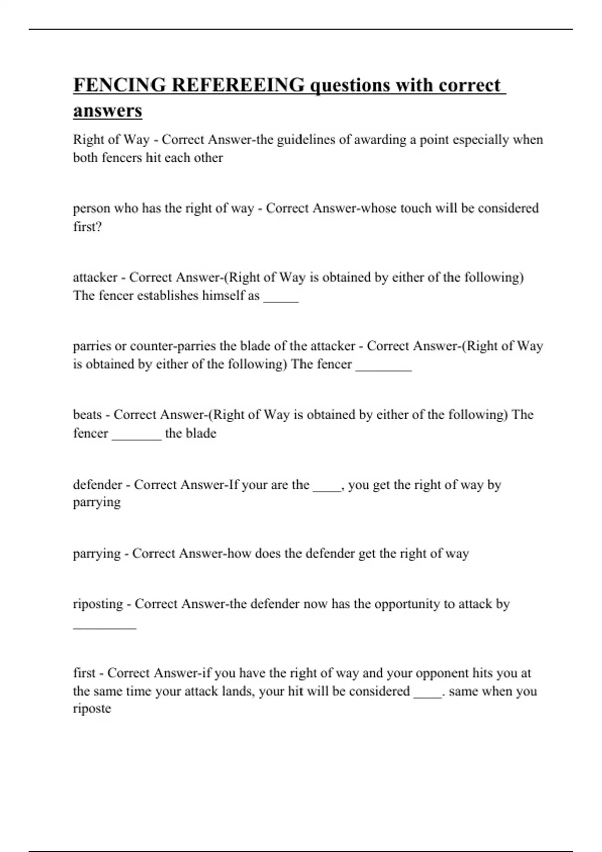 FENCING REFEREEING questions with correct answers - FENCING REFEREEING ...