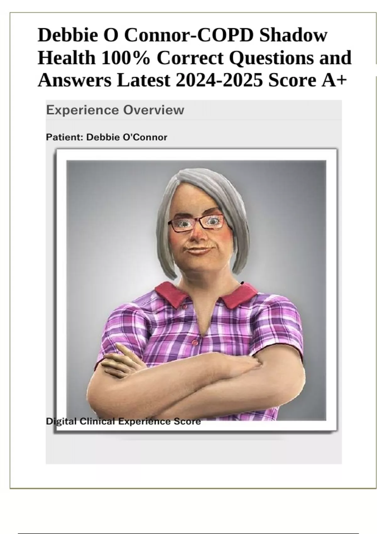 Debbie O Connor-COPD Shadow Health 100% Correct Questions and Answers ...