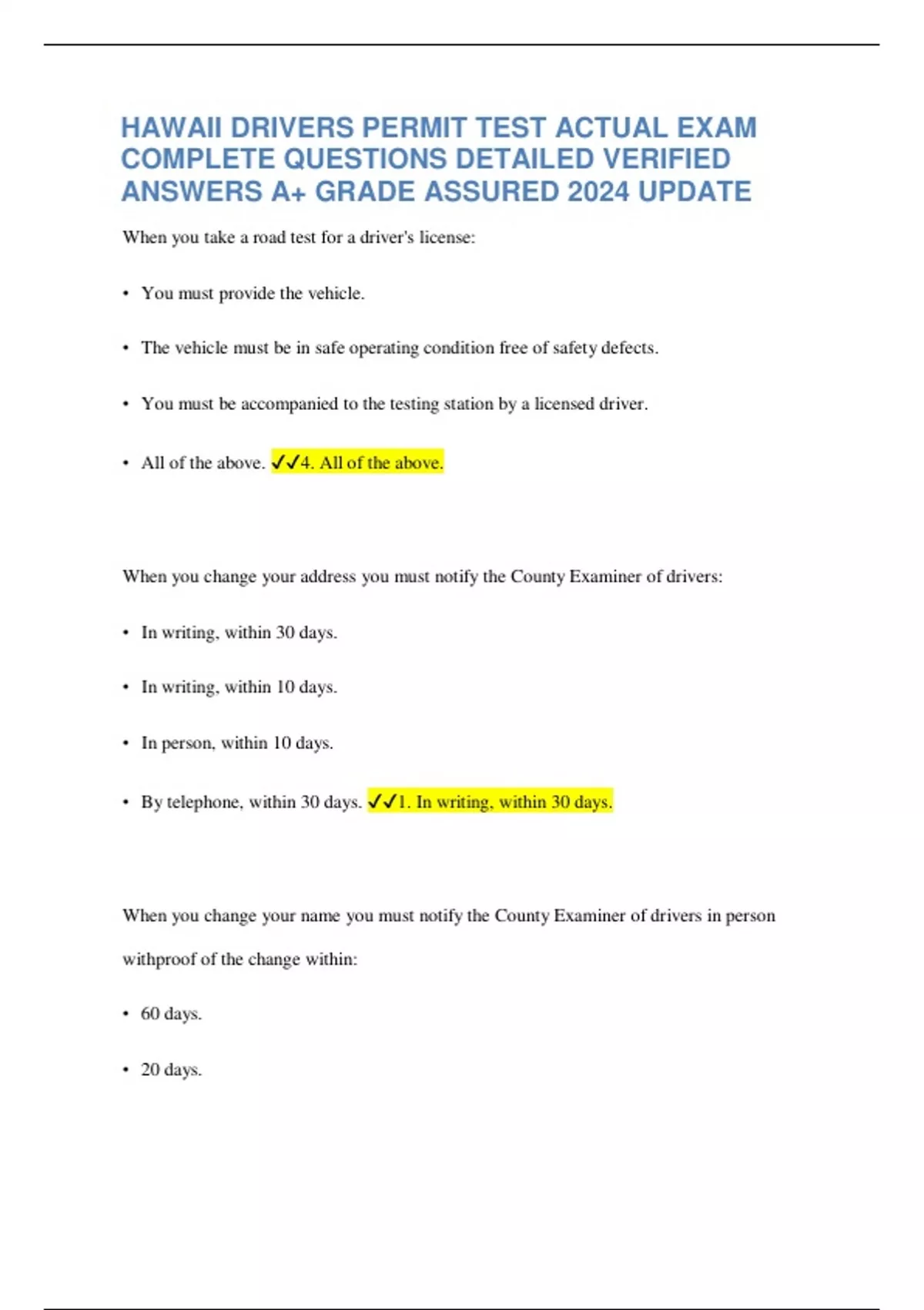HAWAII DRIVERS PERMIT TEST ACTUAL EXAM COMPLETE QUESTIONS DETAILED ...