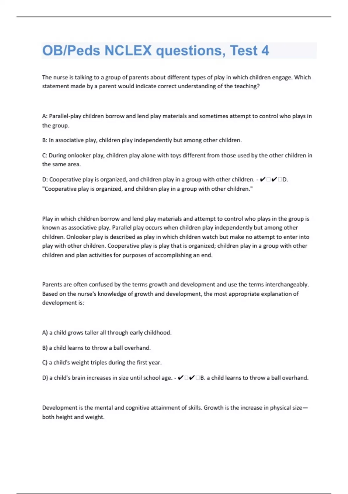 OB/Peds NCLEX questions, Test 4 68 Questions with 100% Correct Answers ...