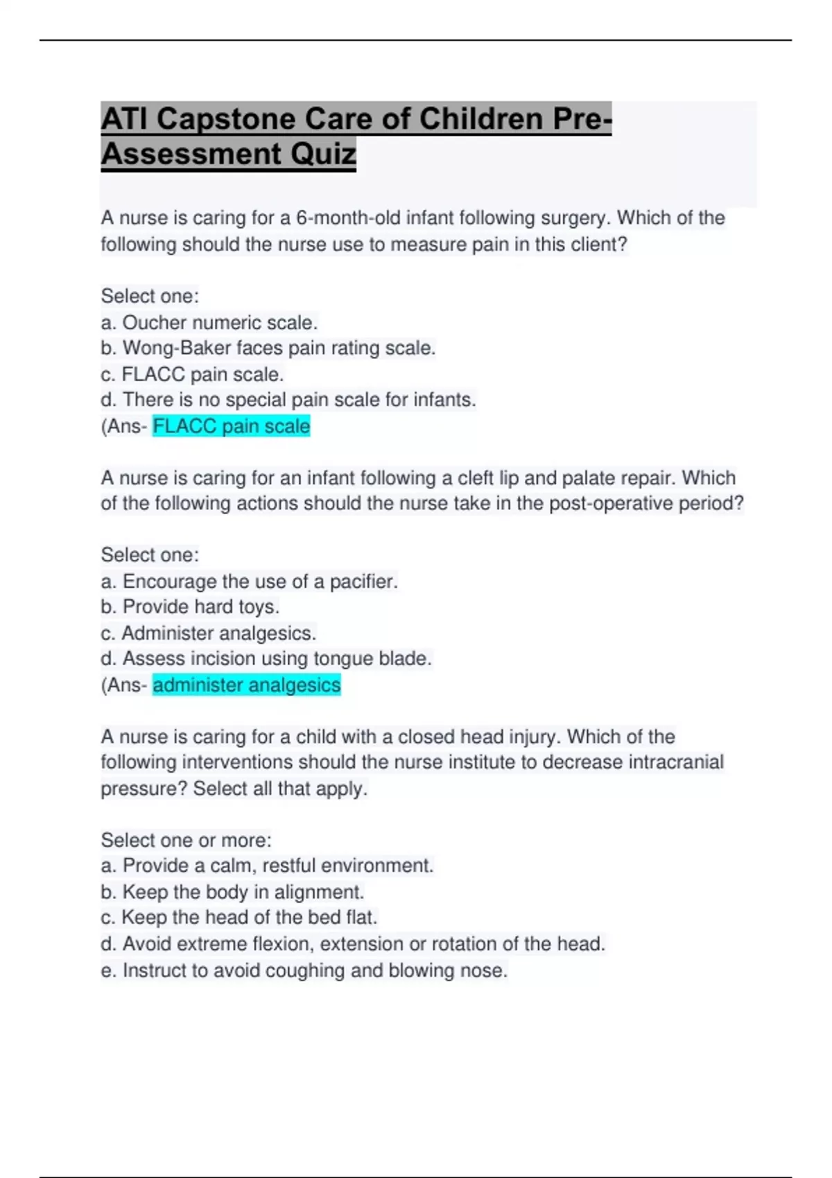 ATI Capstone Care of Children Pre-Assessment Quiz: Updated A+ Guide ...