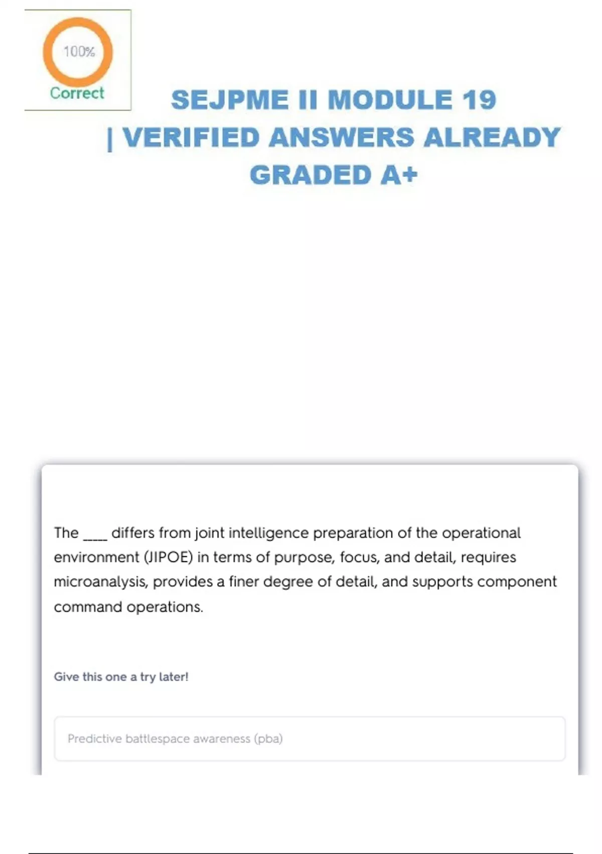 SEJPME II Module 19 (Joint Intelligence) Questions with Correct Answers ...