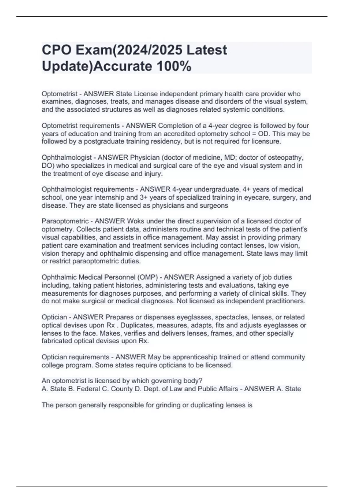 CPO Exam(2024/2025 Latest Update)Accurate 100% - CPO certified pool ...