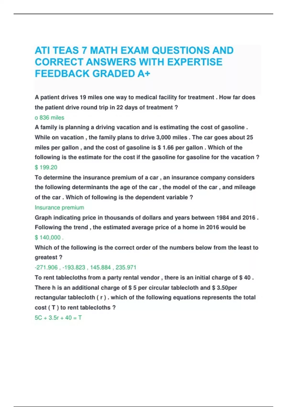 ATI TEAS 7 MATH EXAM QUESTIONS AND CORRECT ANSWERS - ATI TEAS 7 - Stuvia US