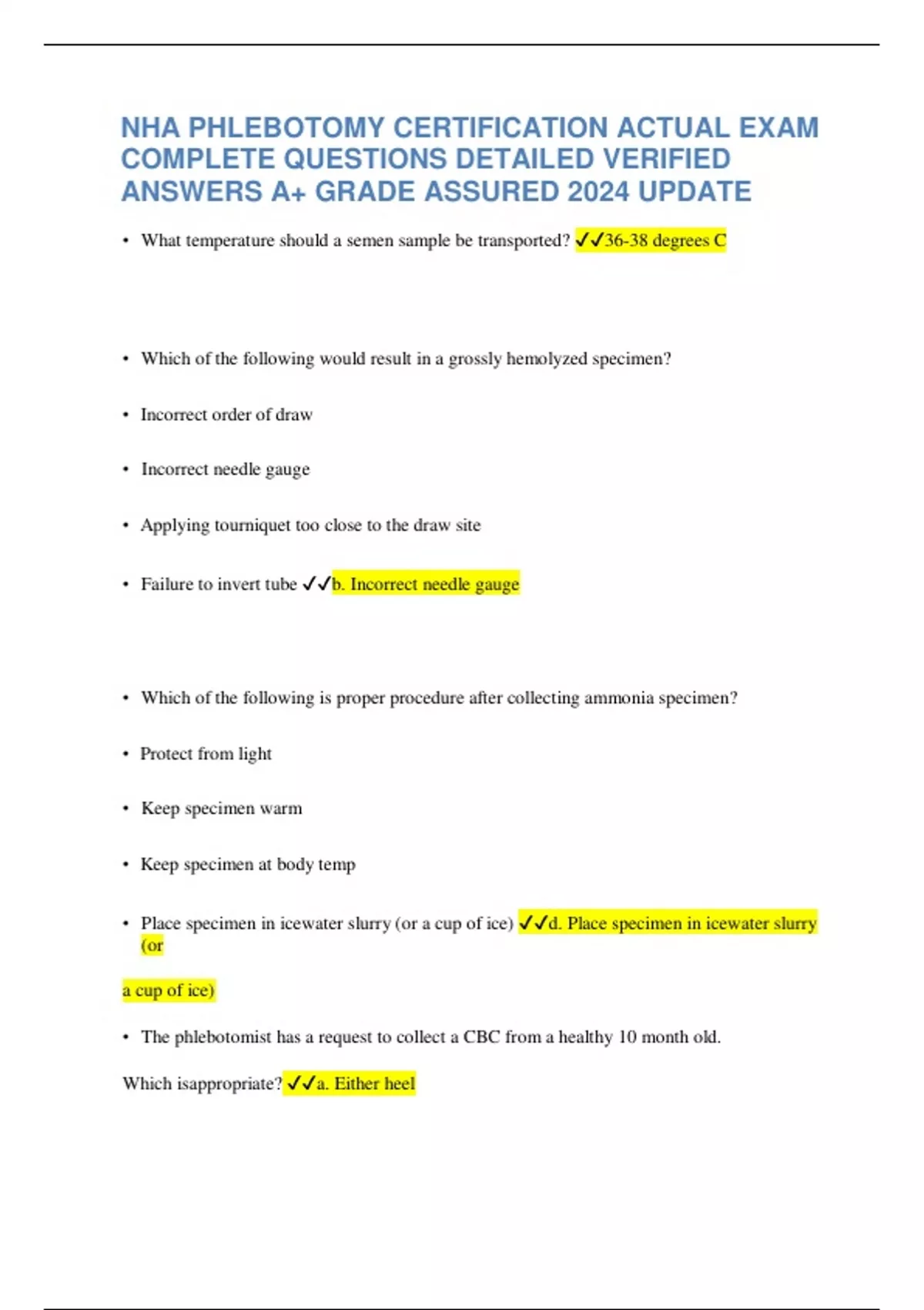 NHA PHLEBOTOMY CERTIFICATION ACTUAL EXAM COMPLETE QUESTIONS DETAILED ...