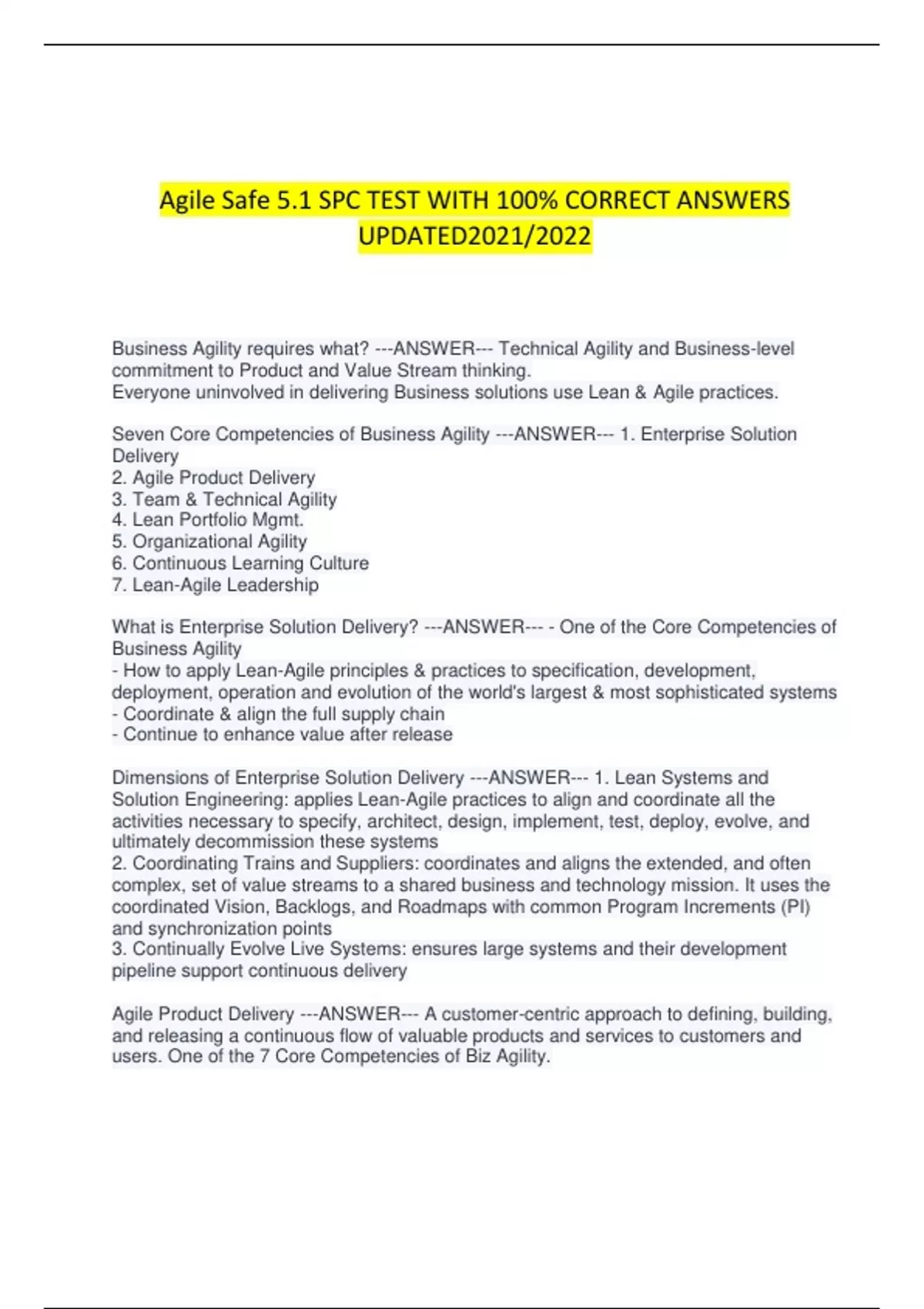 Agile Safe 5 1 Spc Test With 100 Correct Answers Updated2021 2022 Agile Safe Stuvia Us