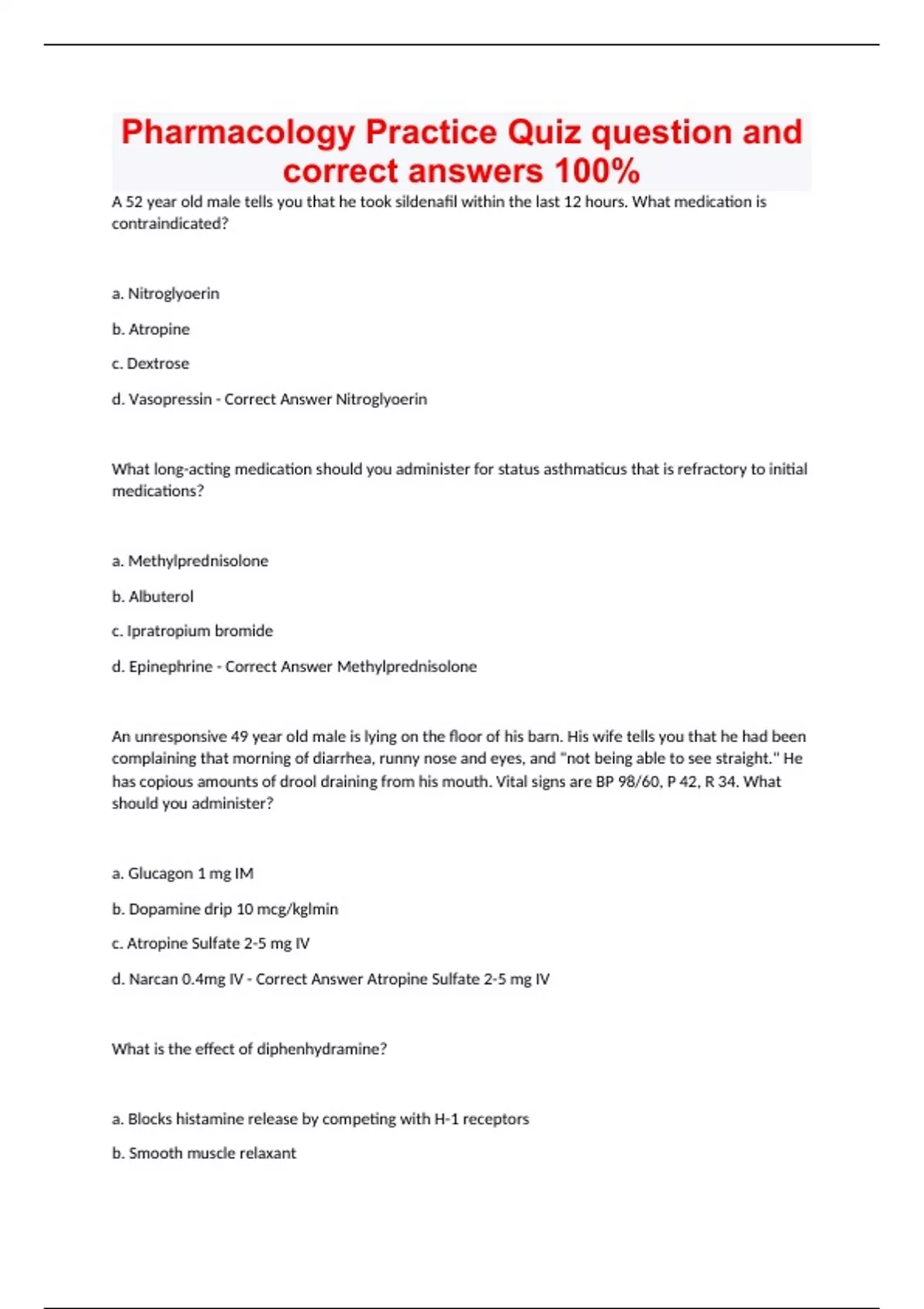 Pharmacology Practice Quiz question and correct answers 100% ...