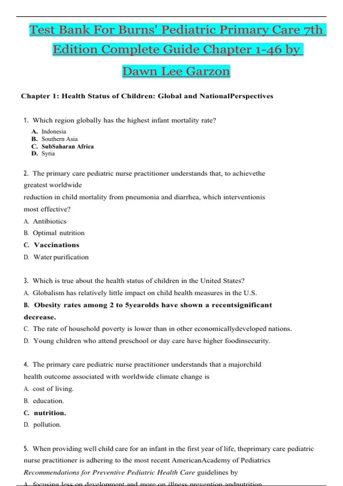 Test Bank For Burns' Pediatric Primary Care 7th Edition Complete Guide ...