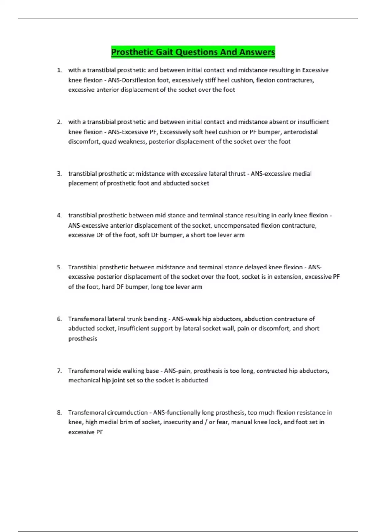 Prosthetic Gait Questions And Answers - Prosthetic Gait - Stuvia US
