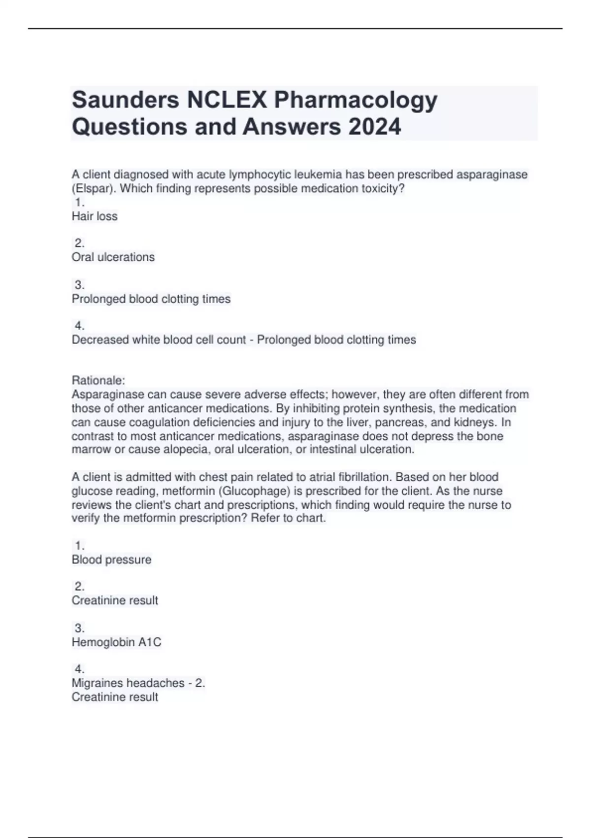 Saunders NCLEX Pharmacology Questions and Answers 2024 - NCLEX - Stuvia US