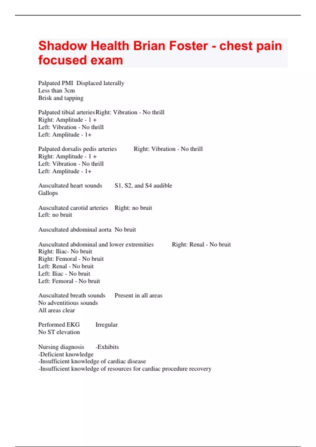 Shadow Health Brian Foster - chest pain focused exam - Shadow Health ...