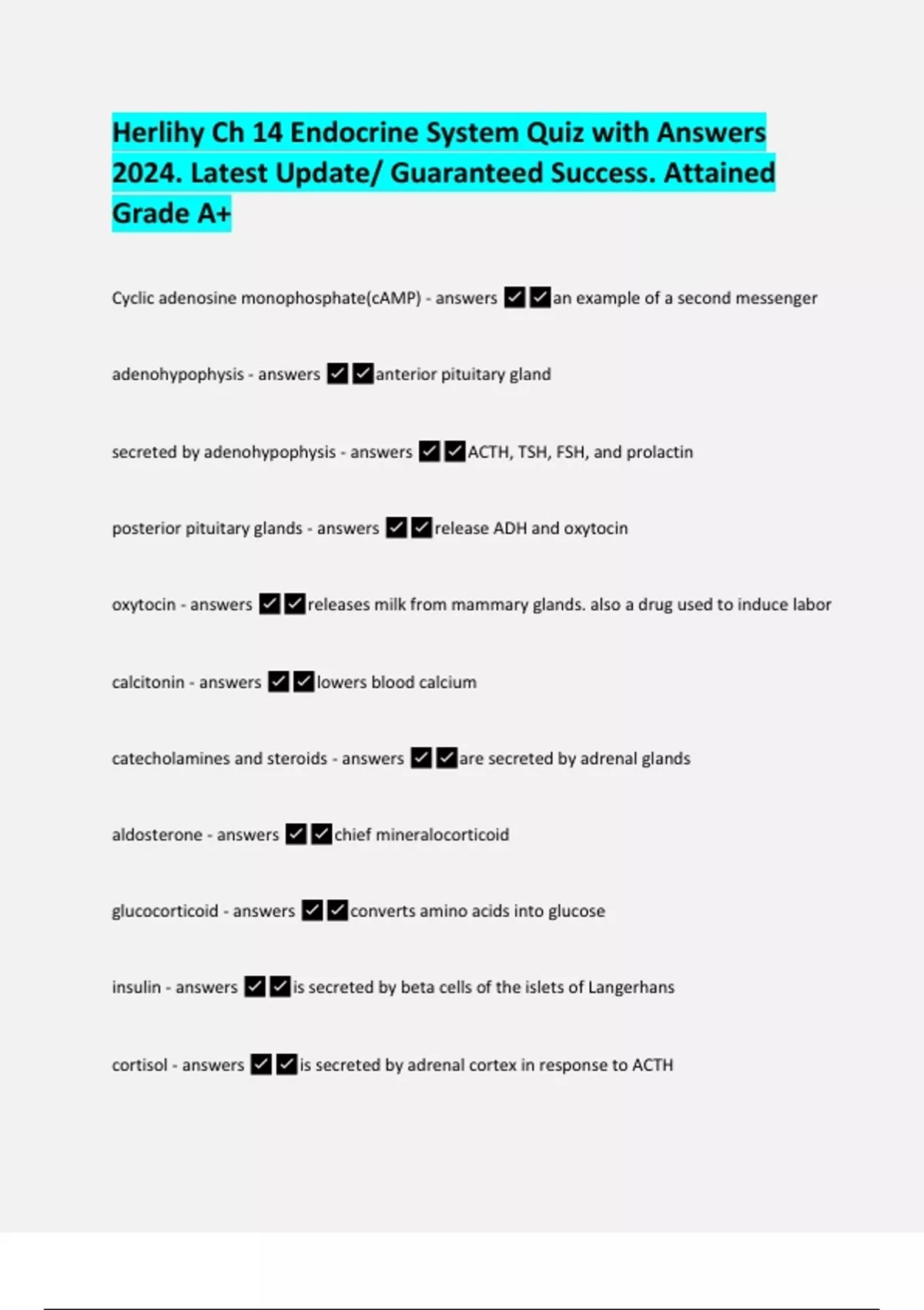 Herlihy Ch 14 Endocrine System Quiz with Answers 2024. Latest Update ...
