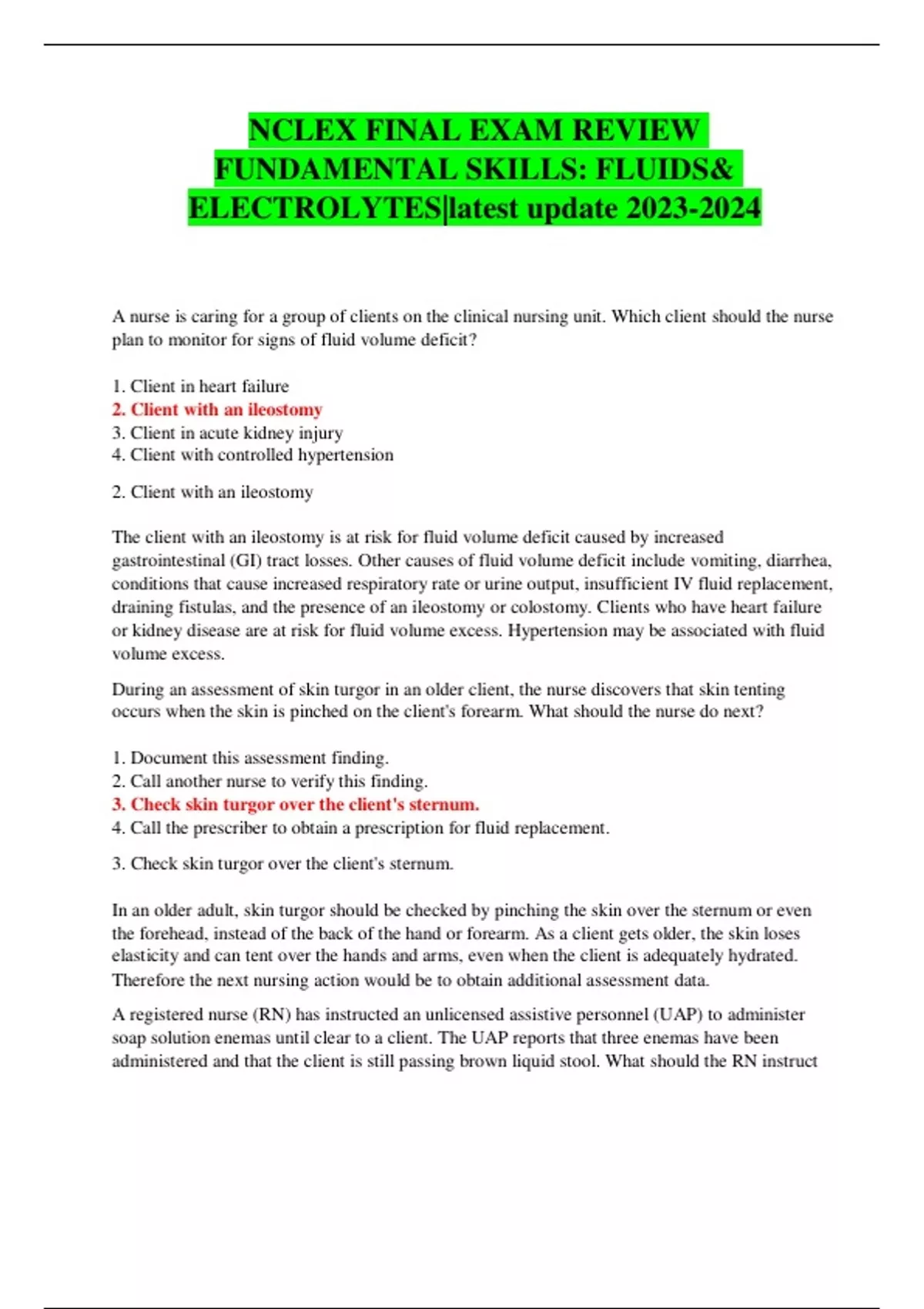 NCLEX FINAL EXAM REVIEW FUNDAMENTAL SKILLS: FLUIDS & ELECTROLYTES ...