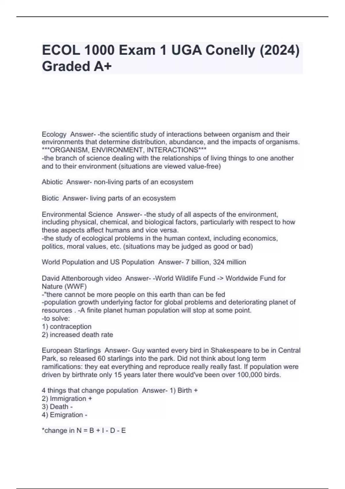 ECOL 1000 Exam 1 UGA Conelly (2024) Graded A+ - ECOL 1000 - Stuvia NL