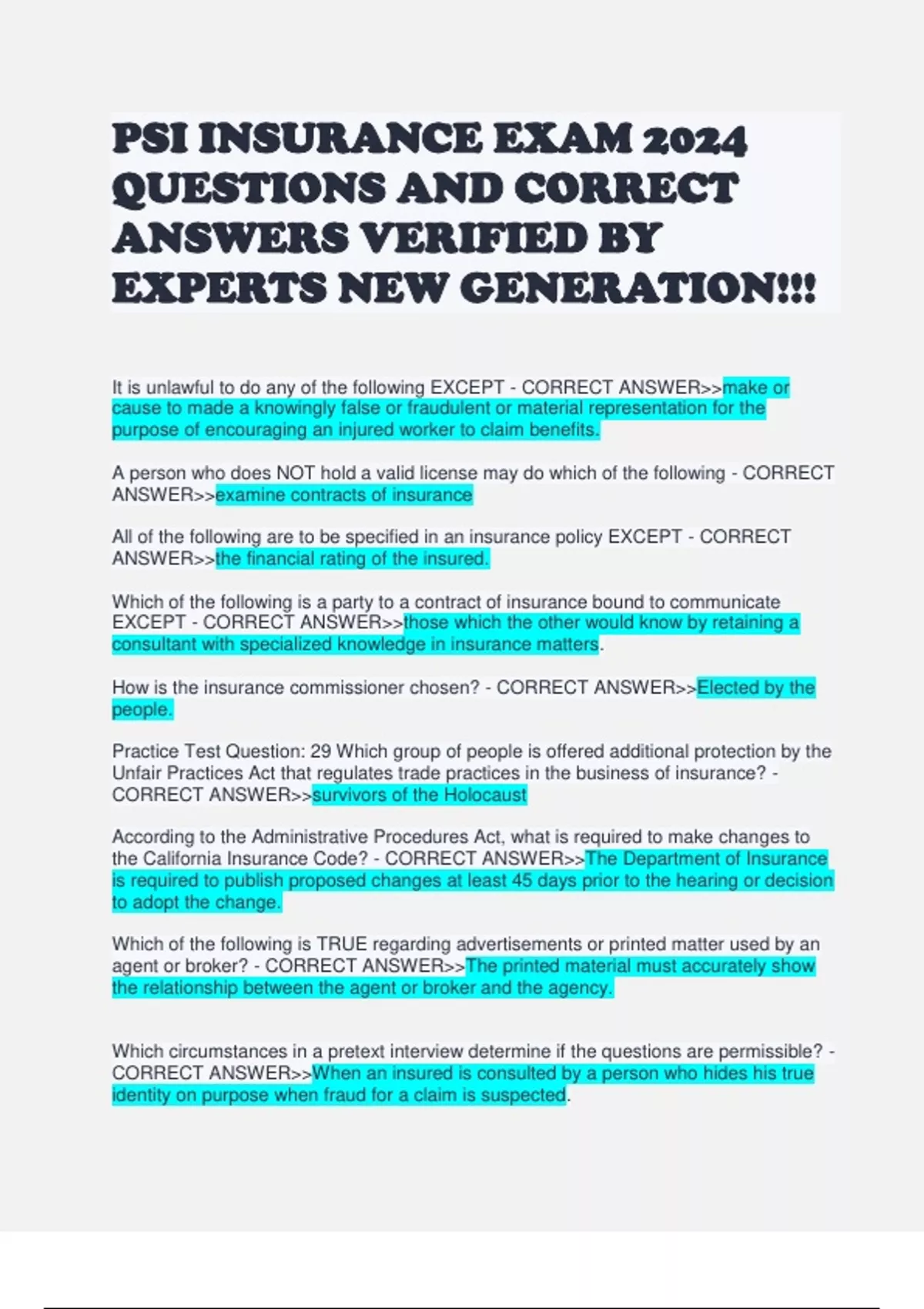 PSI INSURANCE EXAM 2024 QUESTIONS AND CORRECT ANSWERS VERIFIED BY ...