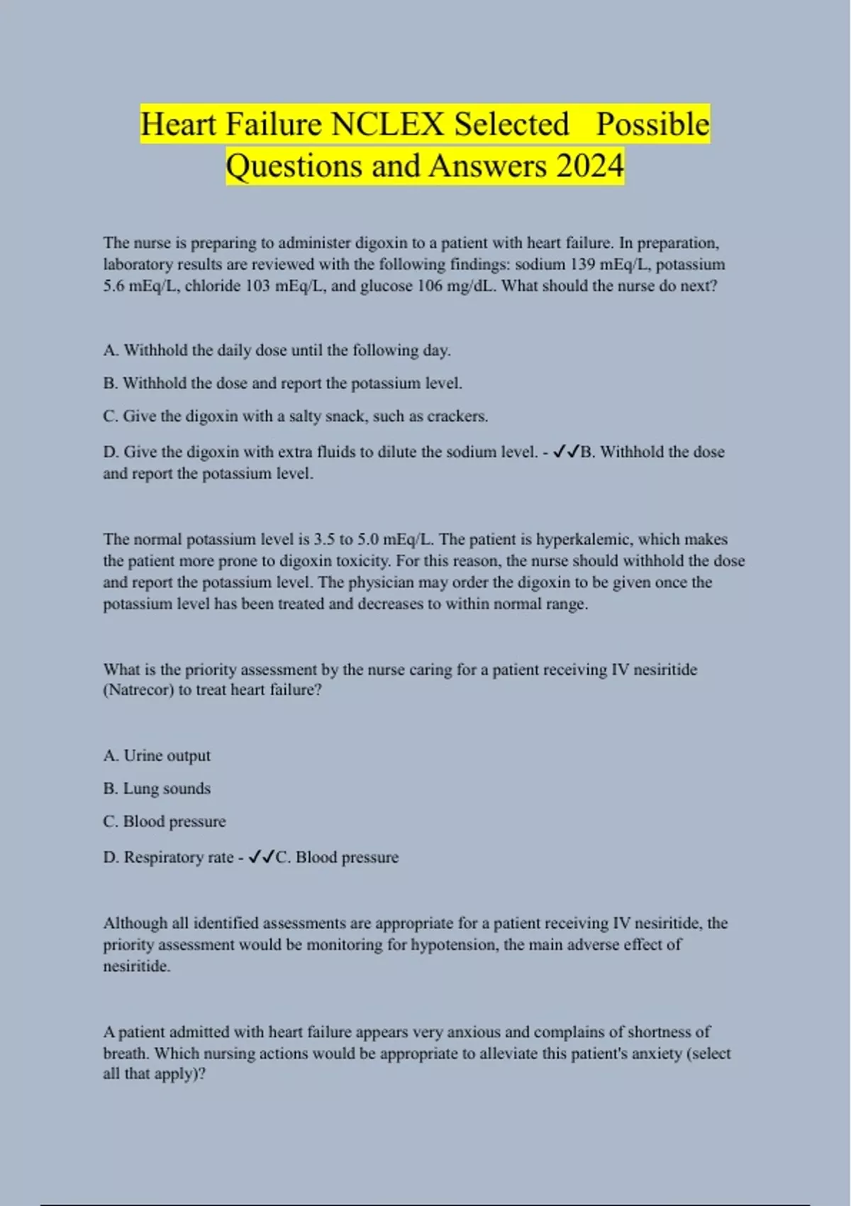 Heart Failure NCLEX Selected Possible Questions and Answers 2024 ...