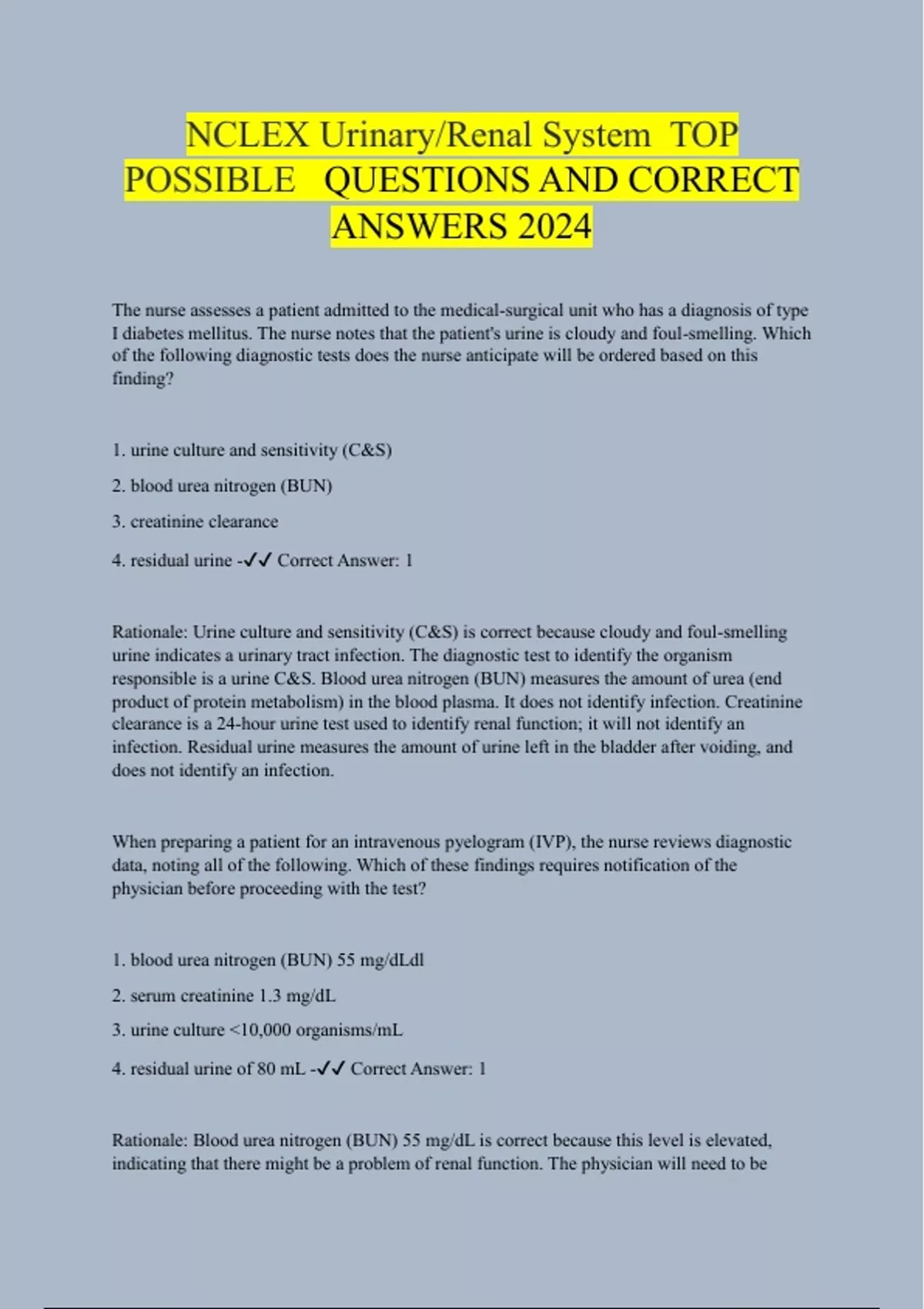 NCLEX Urinary/Renal System TOP POSSIBLE QUESTIONS AND CORRECT ANSWERS ...