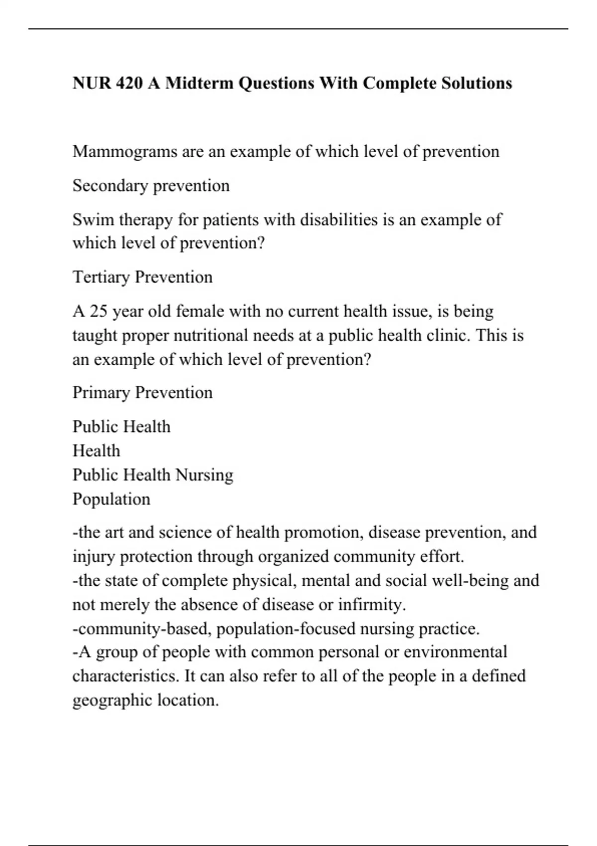 NUR 420 A Midterm Questions With Complete Solutions - NUR 420 - Stuvia US