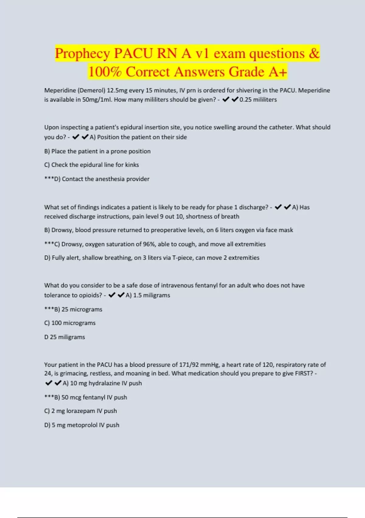 Prophecy PACU RN A v1 exam questions & 100% Correct Answers Grade A+ ...