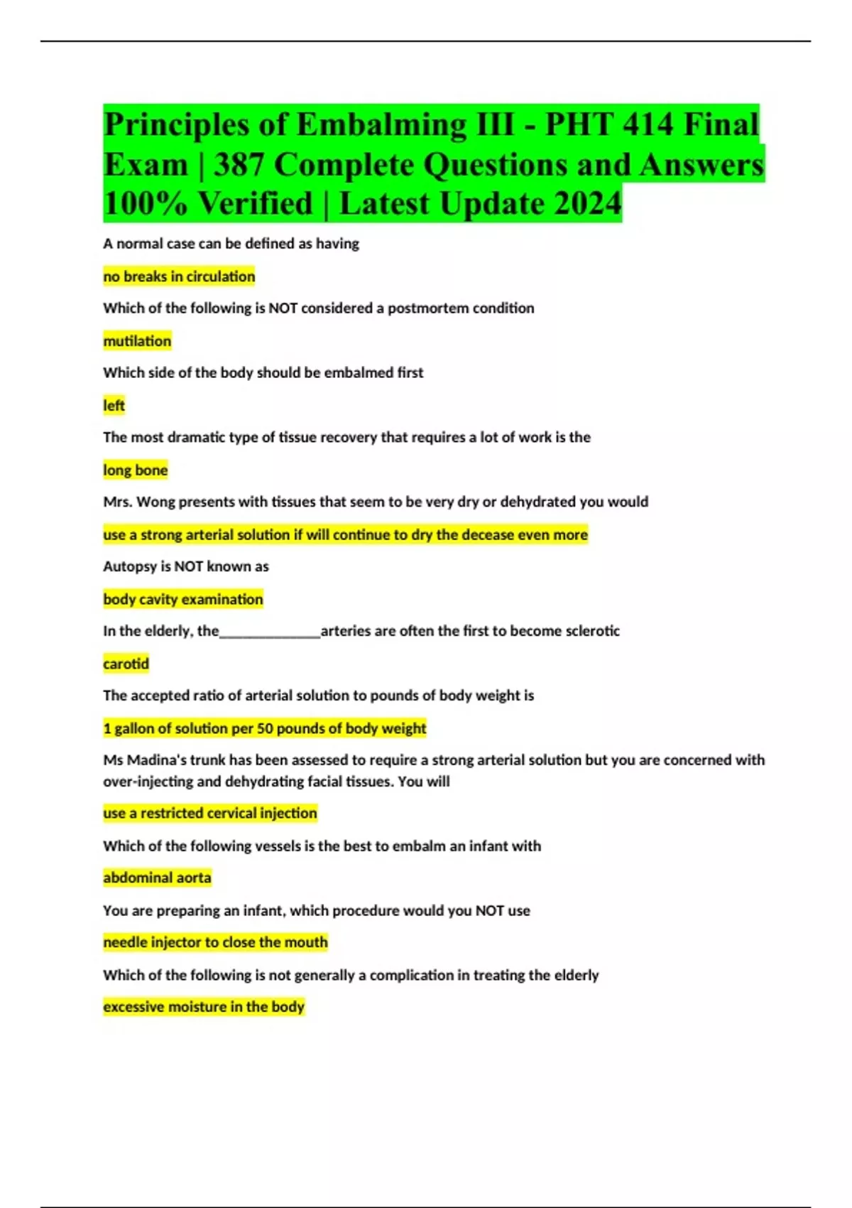 Principles of Embalming III - PHT 414 Final Exam | 387 Complete ...
