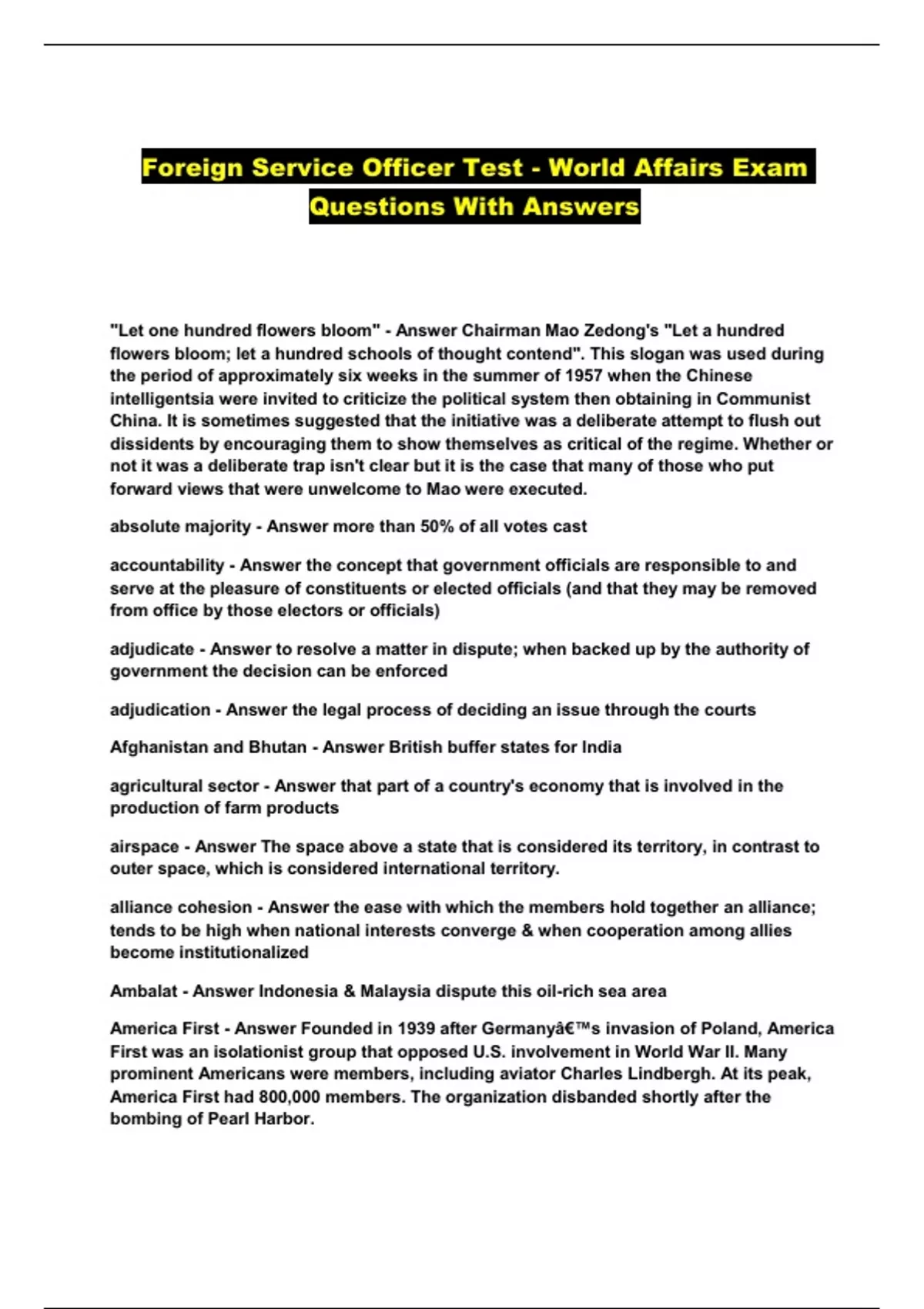 Foreign Service Officer Test - World Affairs Exam Questions With ...