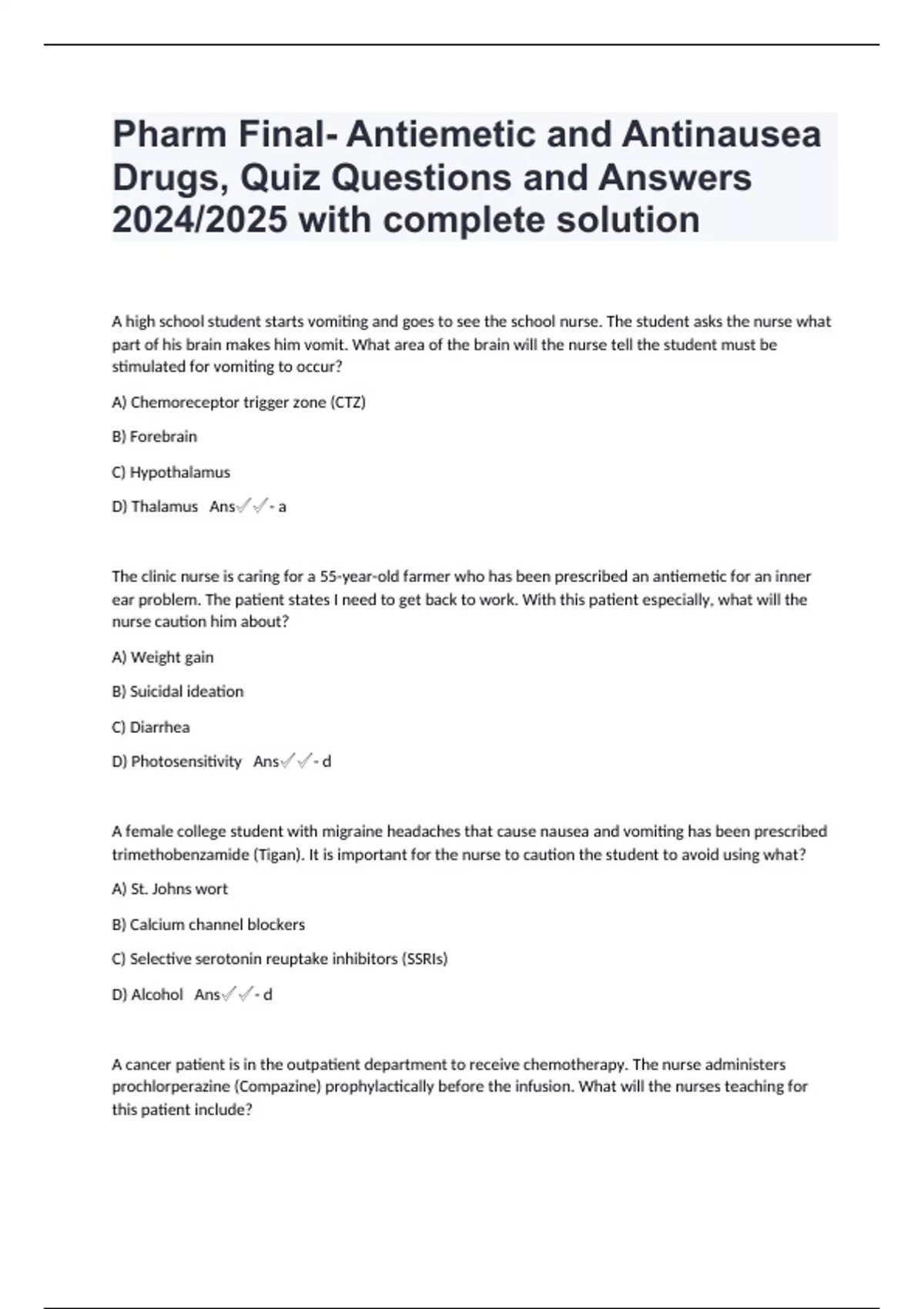 Pharm Final- Antiemetic and Antinausea Drugs, Quiz Questions and ...