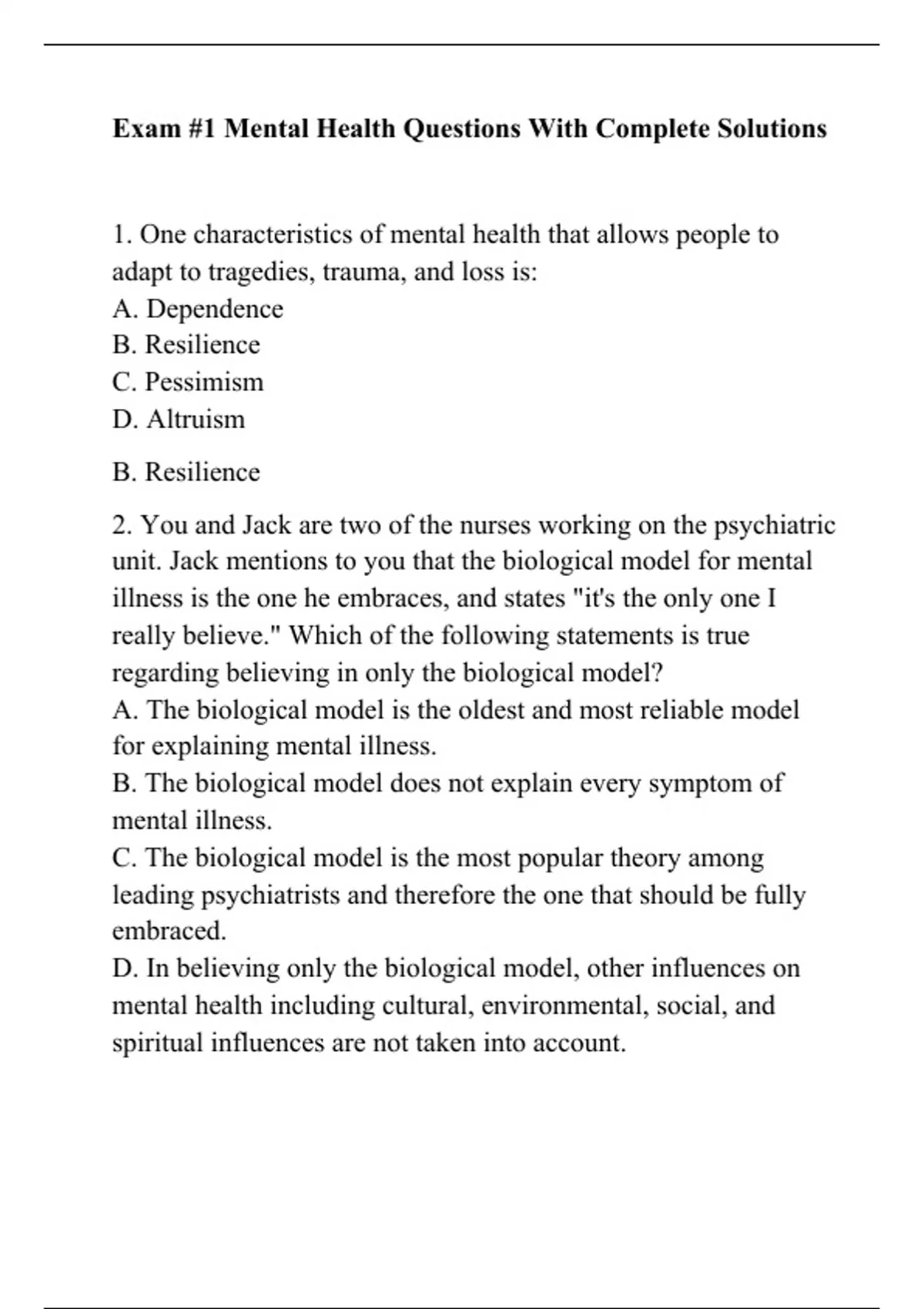 Exam #1 Mental Health Questions With Complete Solutions - Mental health ...