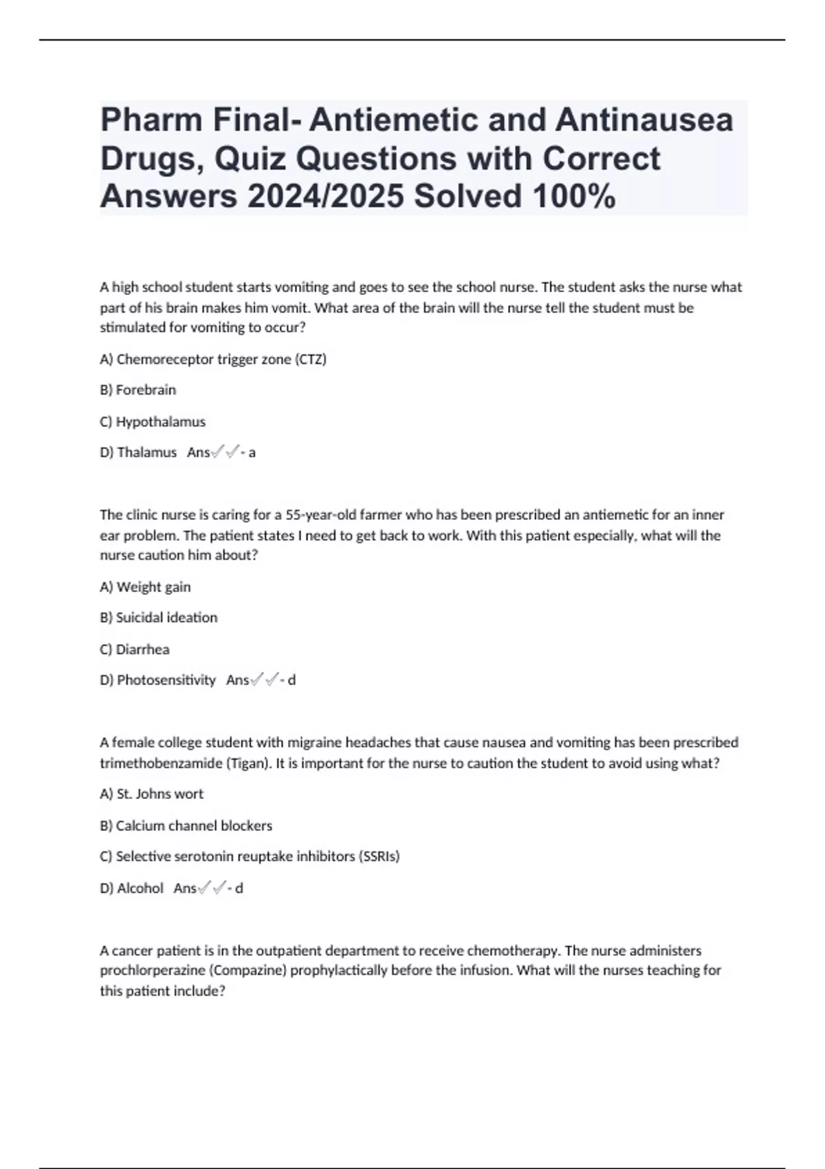 Pharm Final- Antiemetic and Antinausea Drugs, Quiz Questions with ...