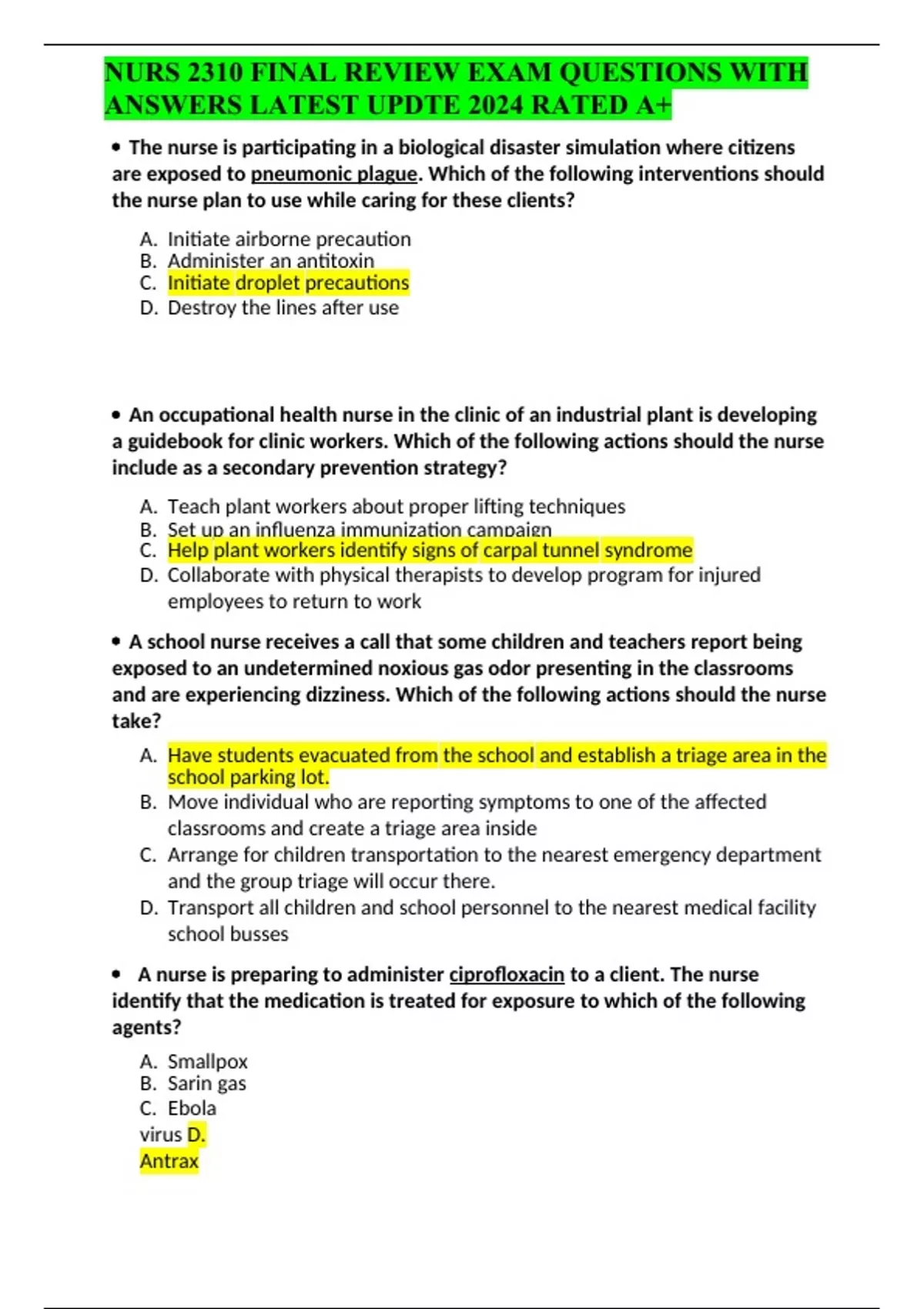 NURS 2310 FINAL REVIEW EXAM QUESTIONS WITH ANSWERS LATEST UPDTE 2024 ...